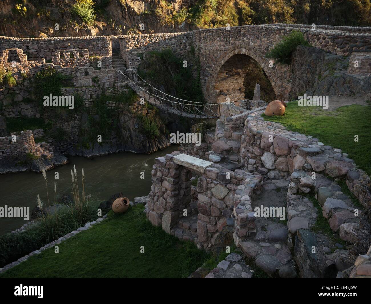Panorama view of Puente Colonial de Checacupe old historic inca bridge ...