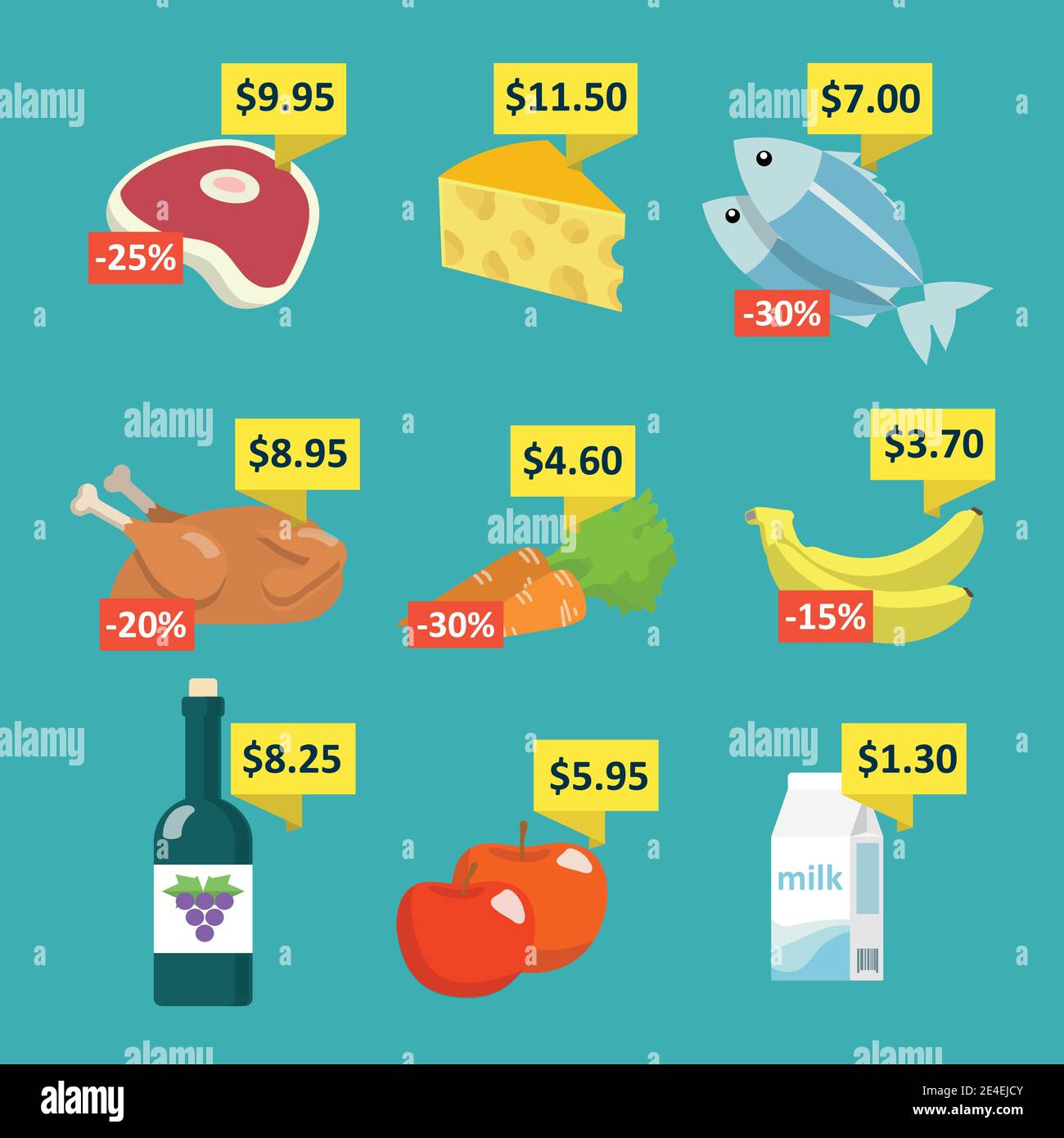 Supermarket food and drink selection icons set with price tags and ...