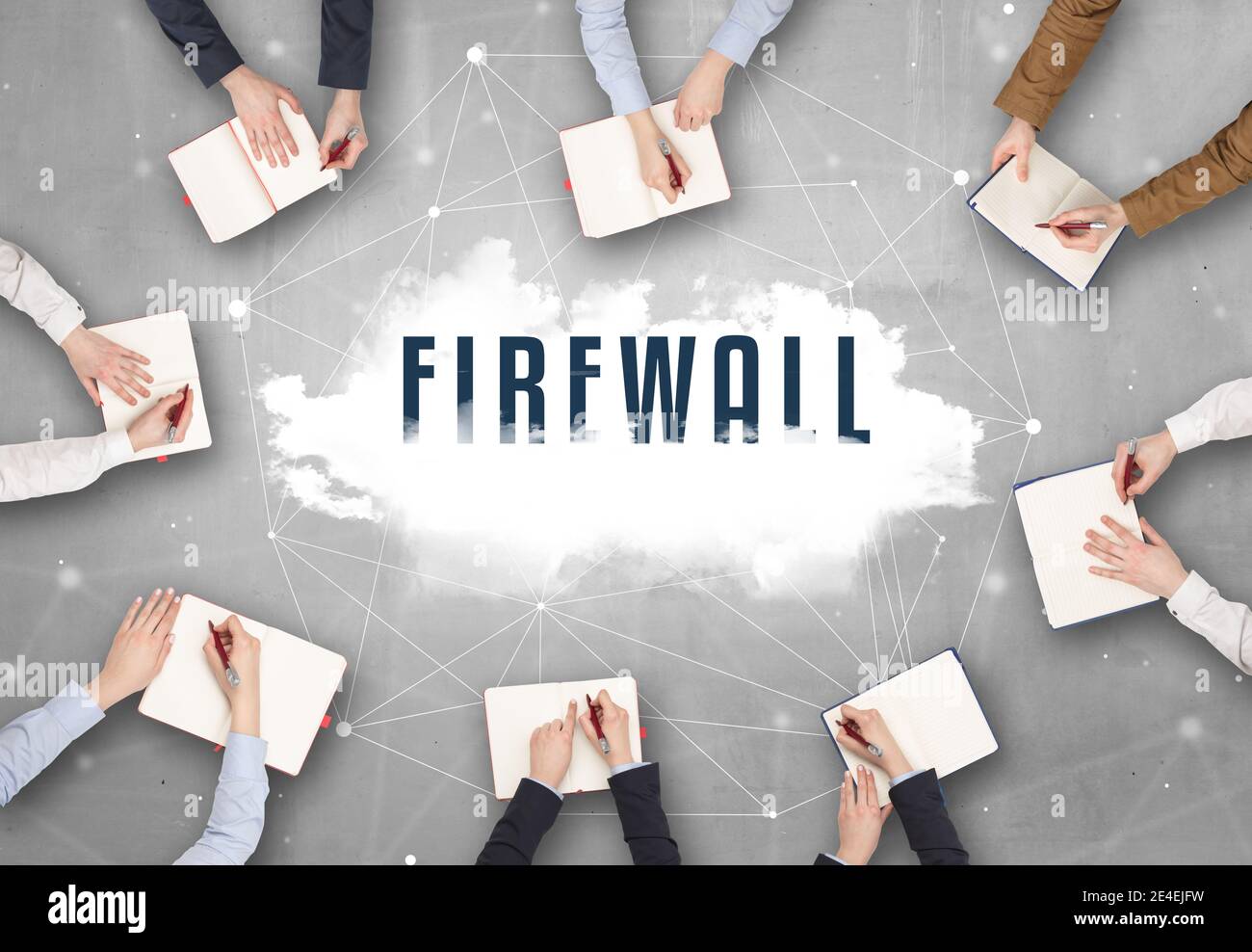 Group of people having a meeting with FIREWALL insciption, web security ...