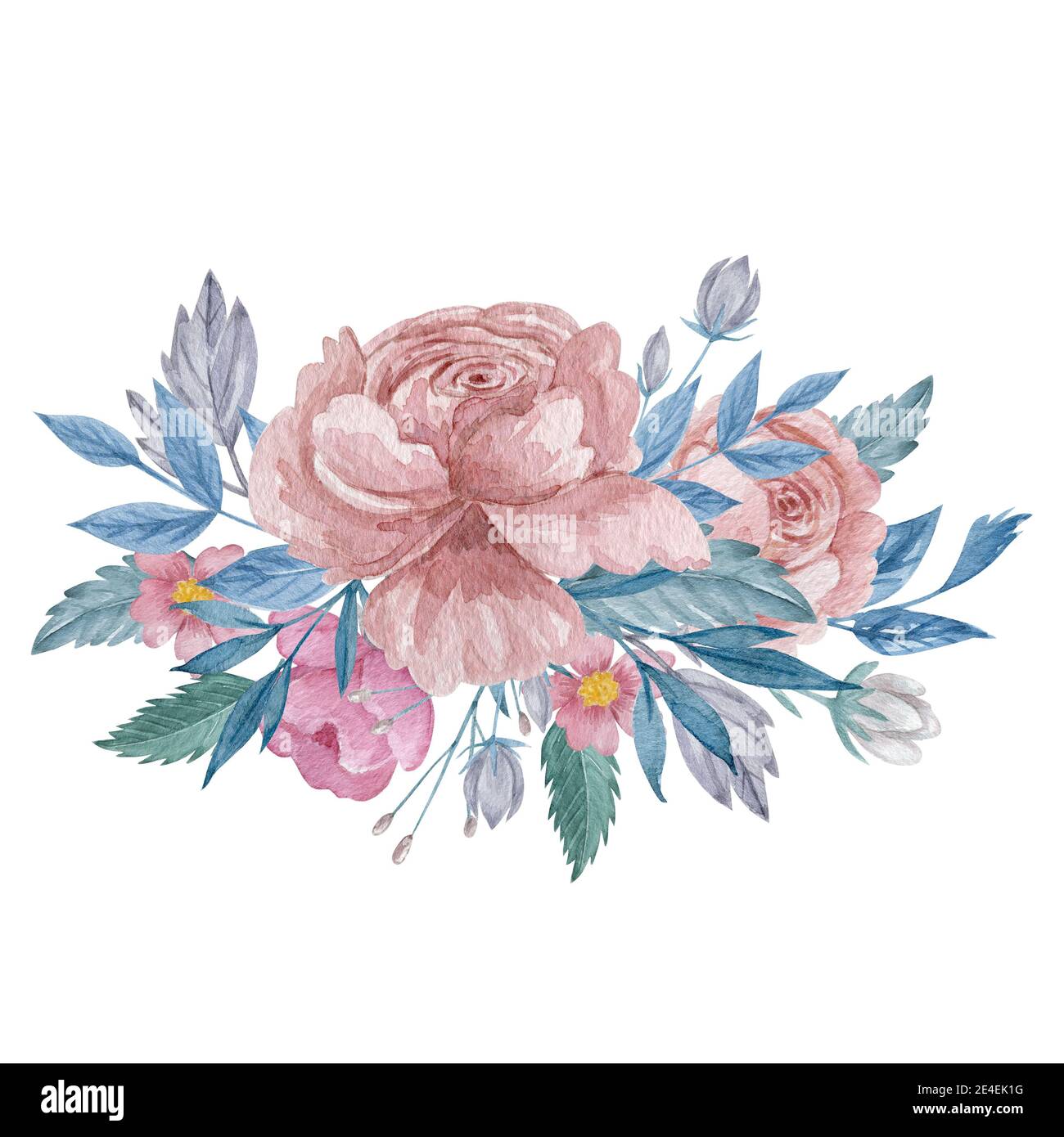 Blush flowers with green leaves border isolated on white background ...