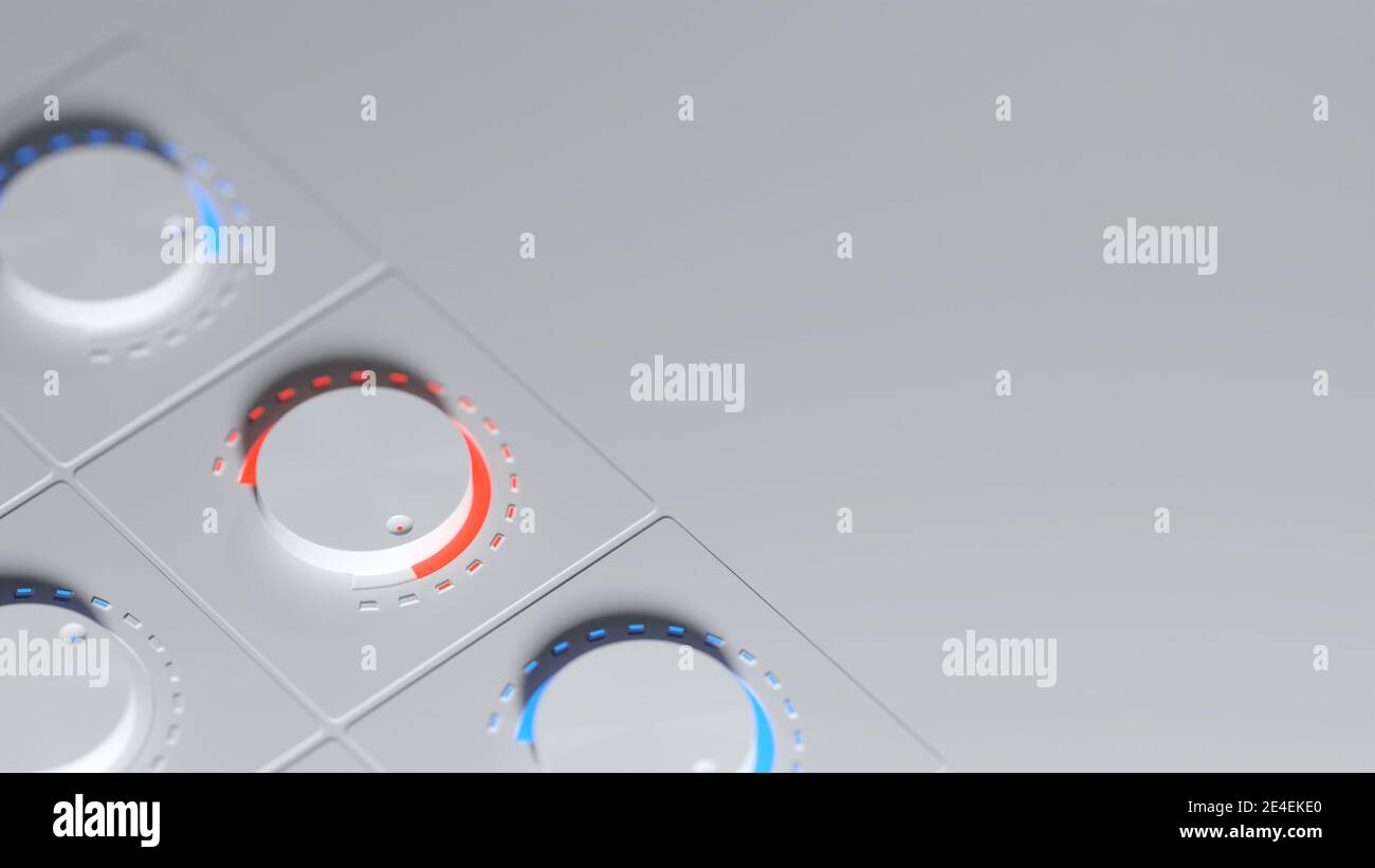 White knobs on a control panel with red and blue highlights. Music ...