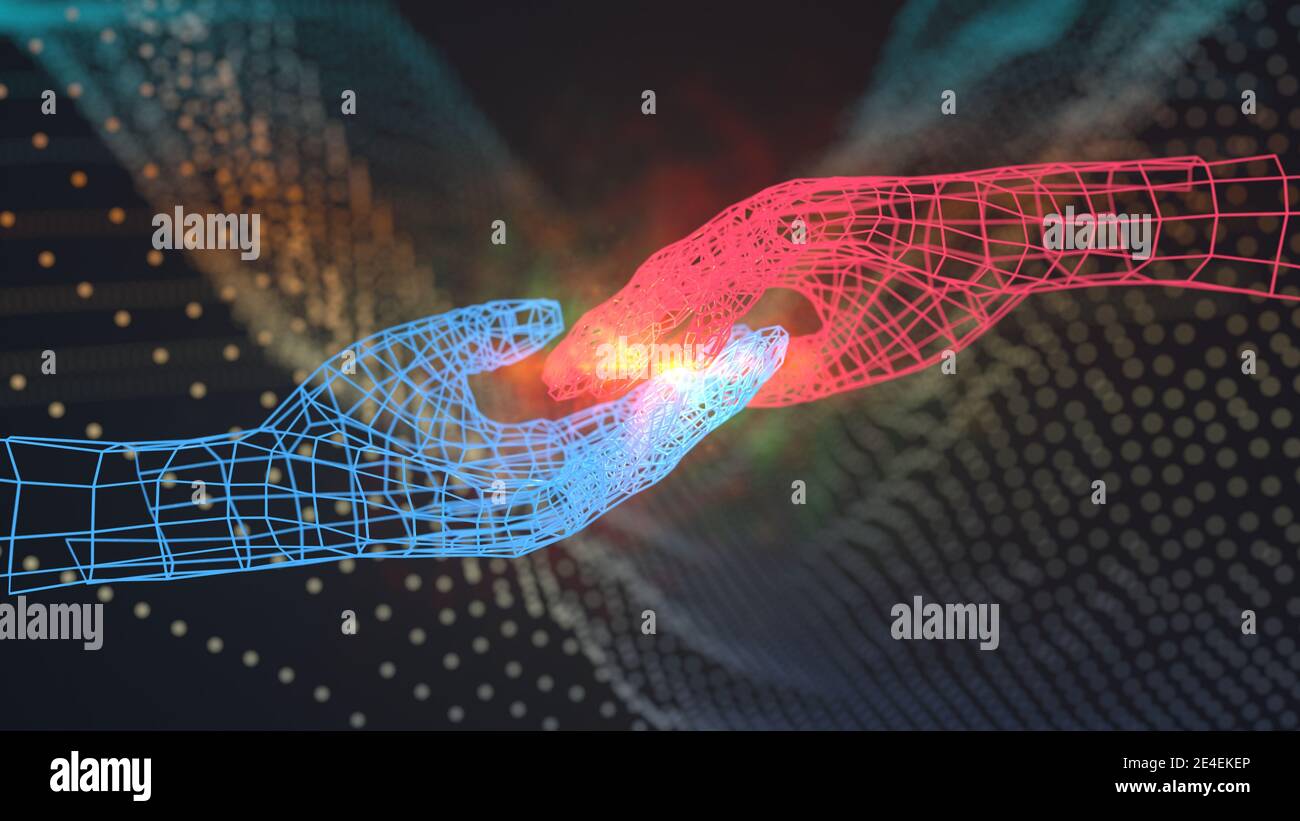 Two hands touching in a virtual space. Virtual reality, artificial ...