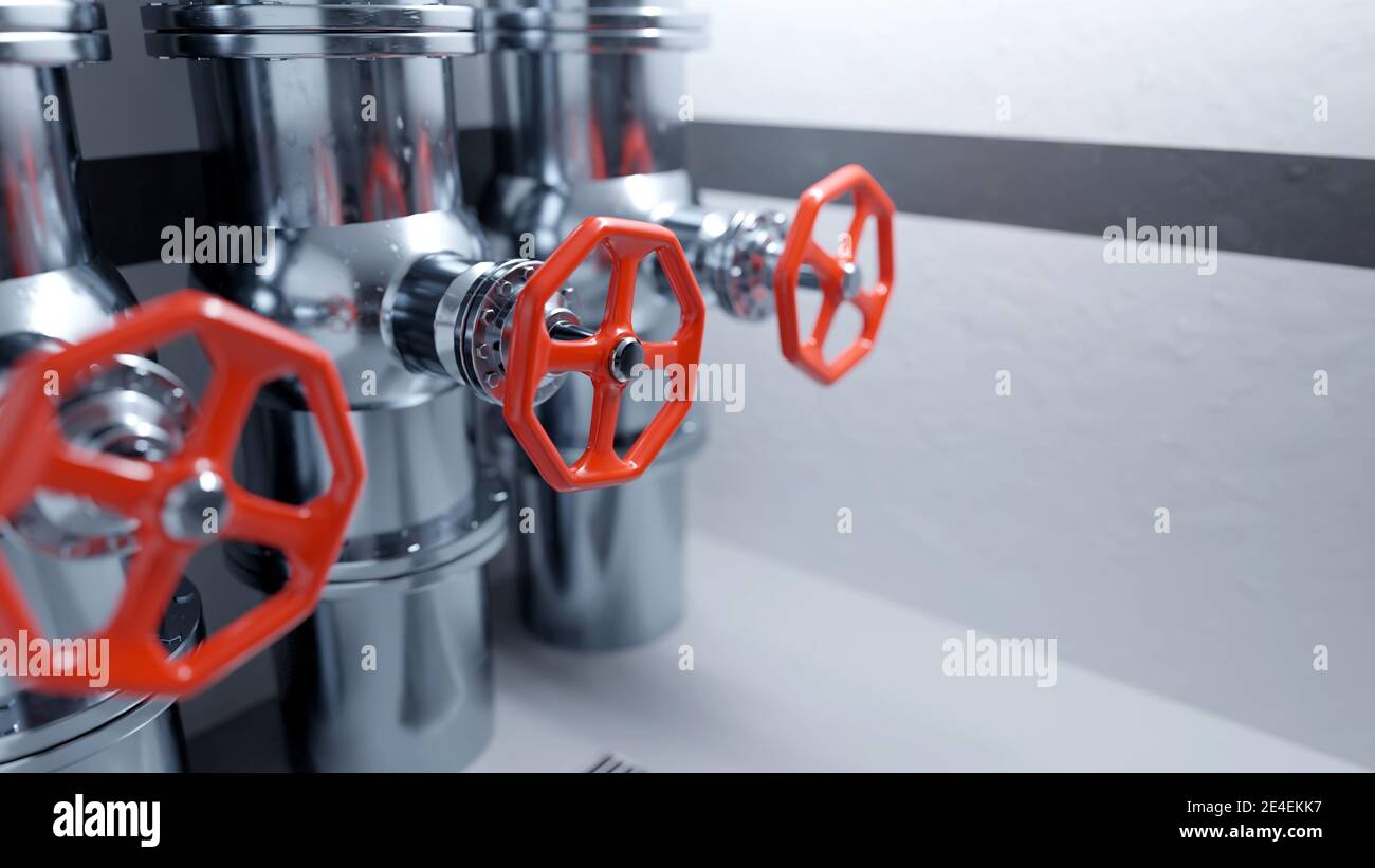 Red industrial valves on stainless steel pipelines. Clean, modern ...