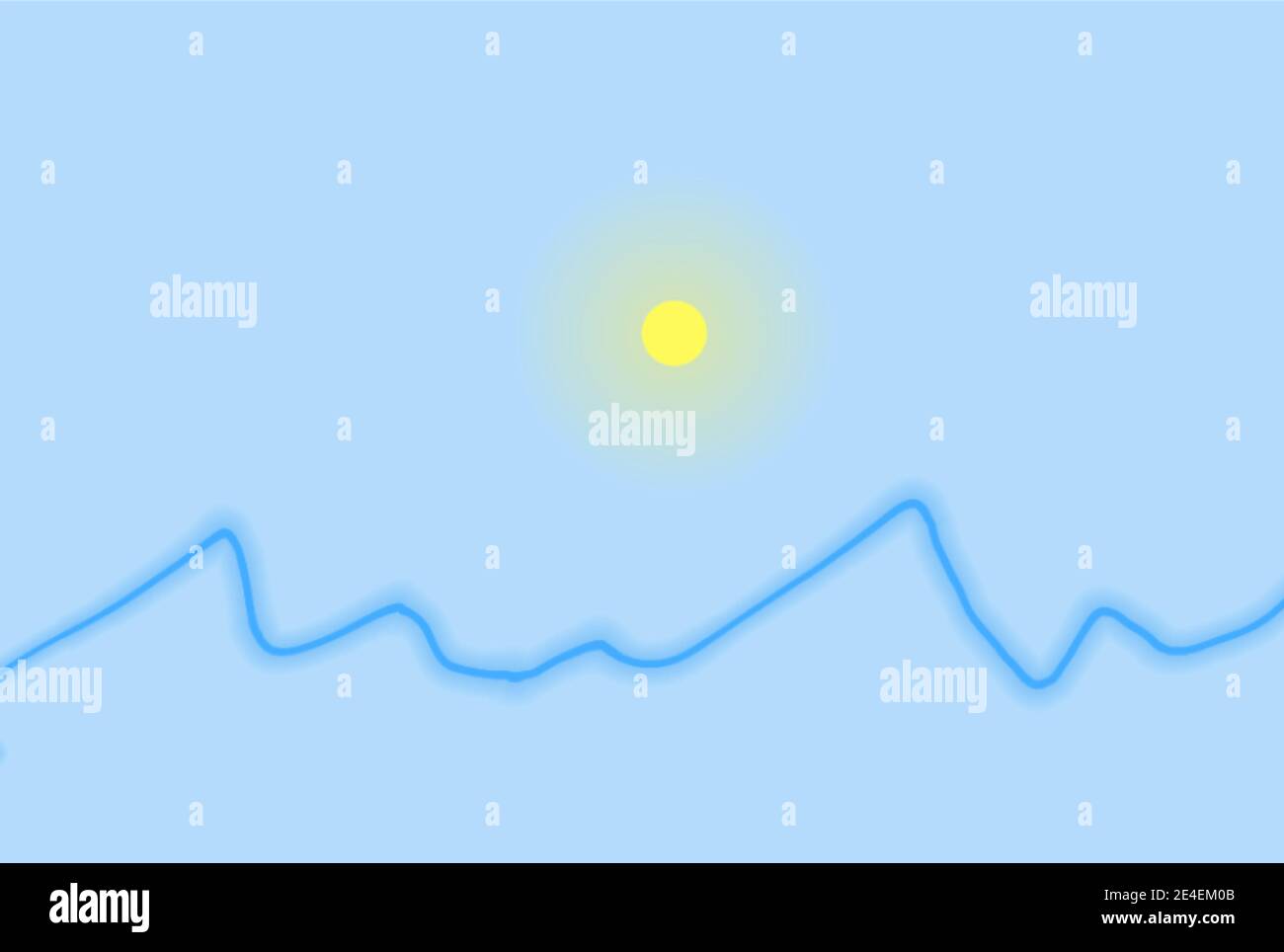 Small yellow sun with mountains in clear blue sky. Hand drawn abstract ...