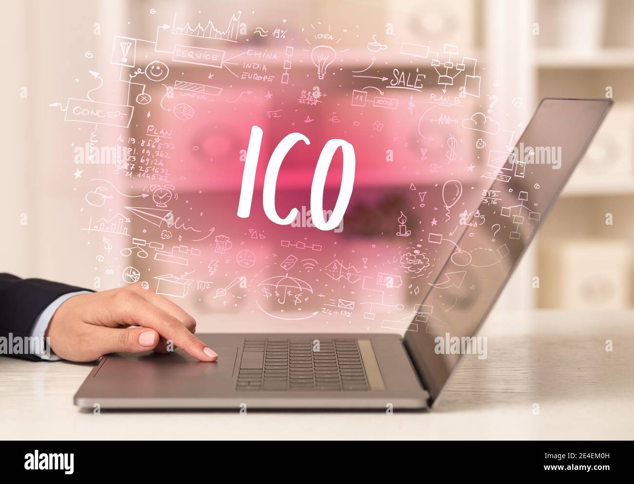 hand working on new modern computer with ICO abbreviation, modern ...