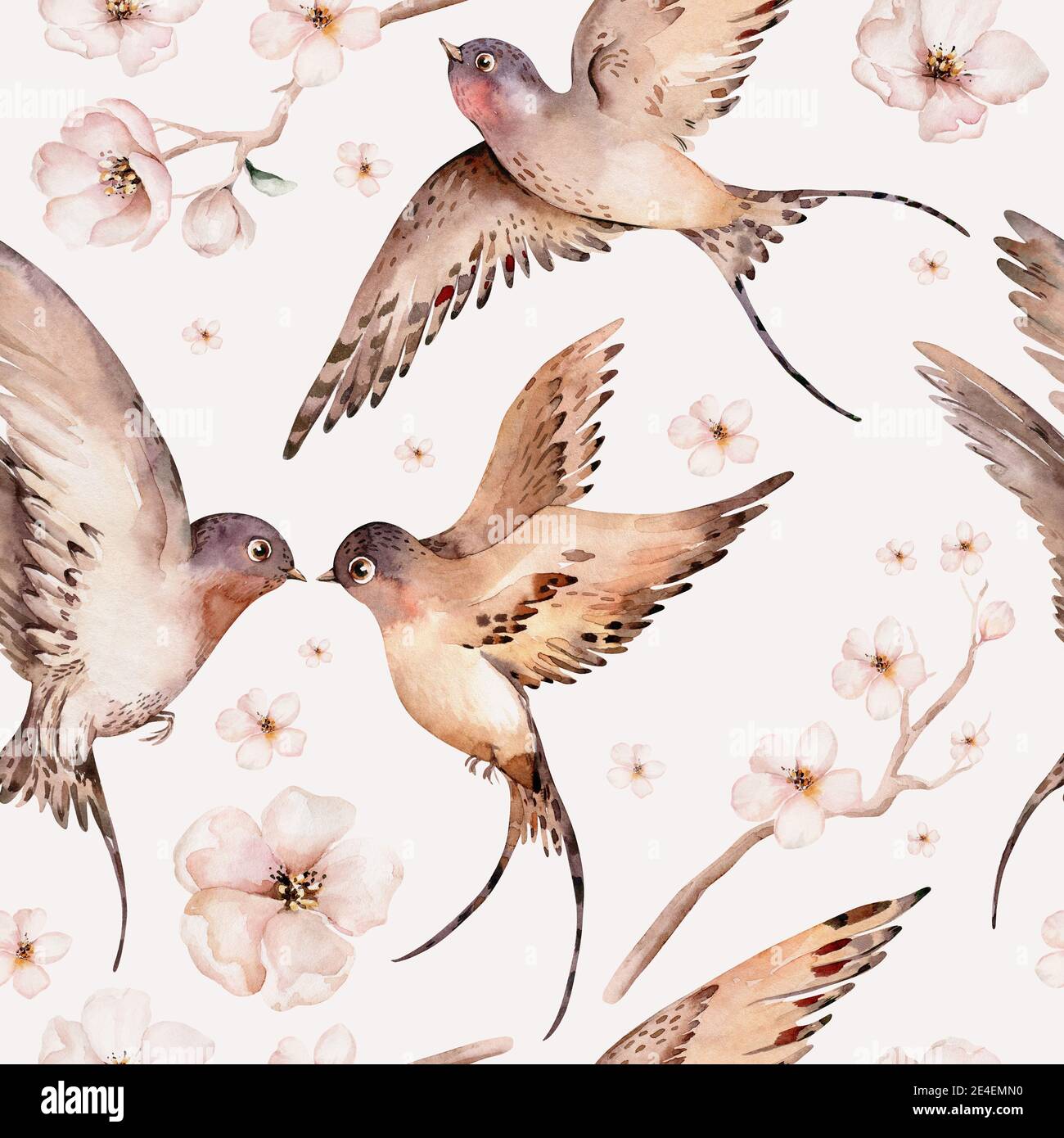 Watercolor spring flying swallows isolated and blossom flowers seamless ...