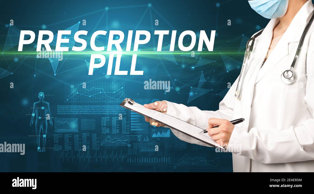 doctor writes notes on the clipboard with PRESCRIPTION PILL inscription ...