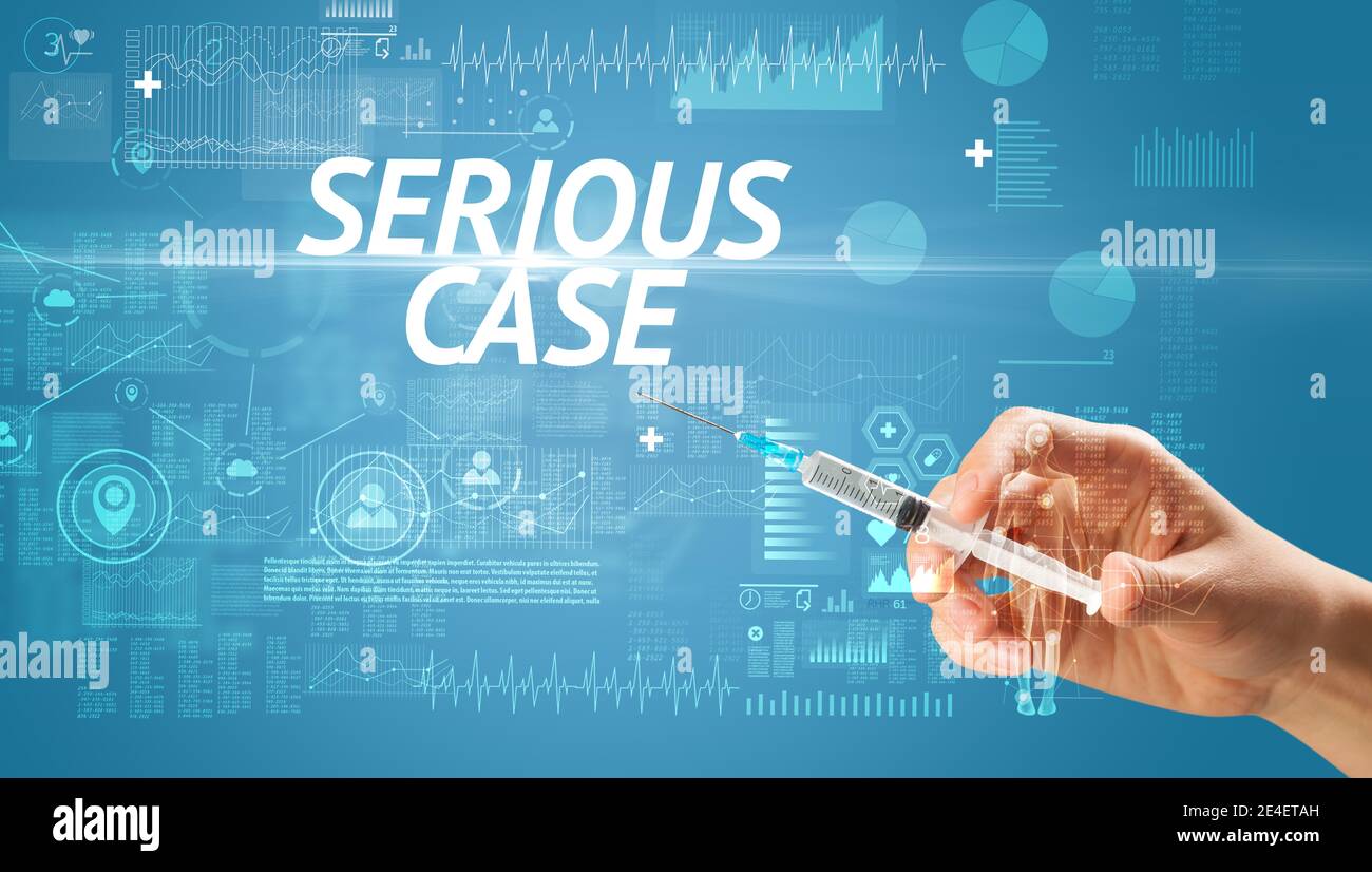 Syringe needle with virus vaccine and SERIOUS CASE inscription, antidote concept Stock Photo - Alamy