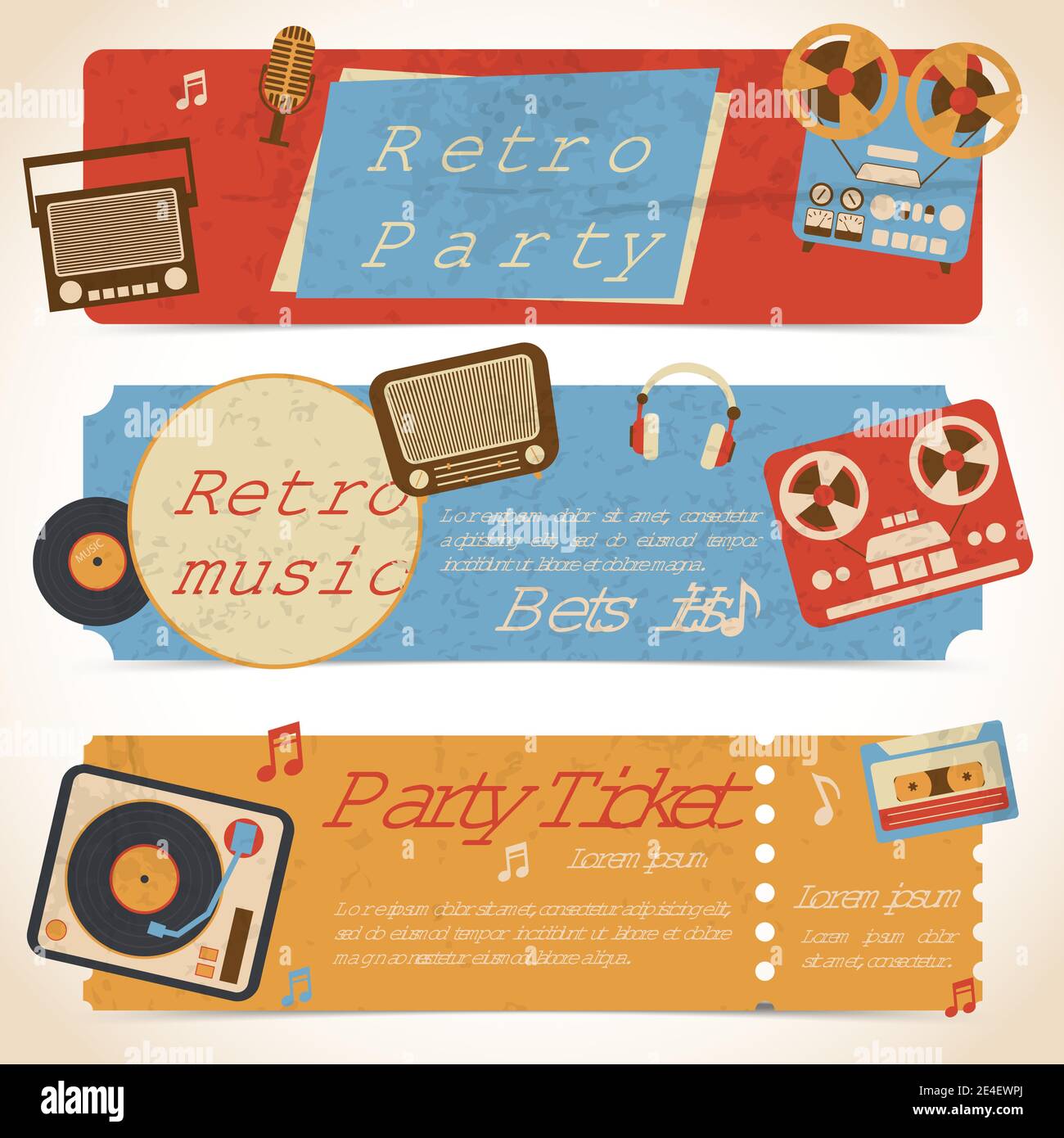 Retro music party ticket banners with analog gadgets isolated vector ...