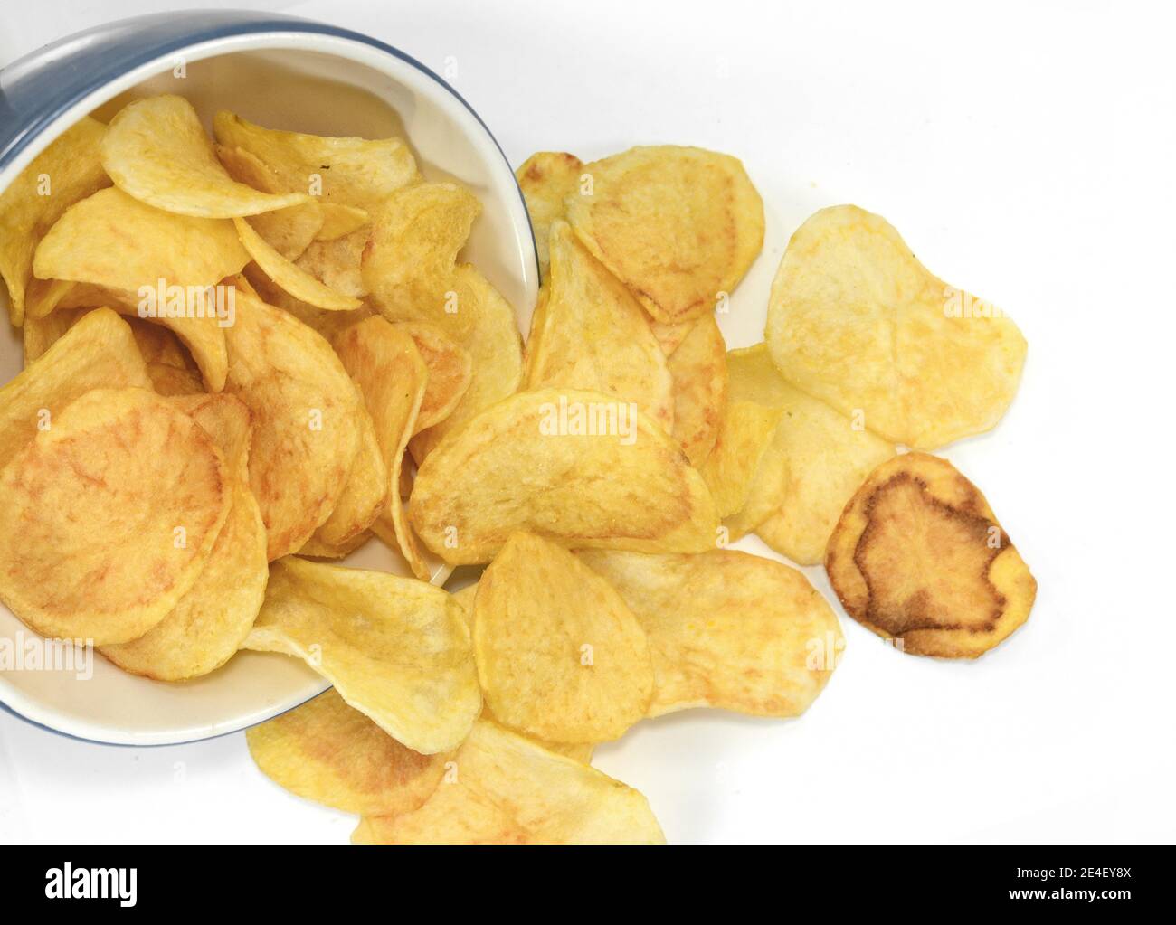 Salty Potato chips in a bowl isolated on white background Stock Photo ...