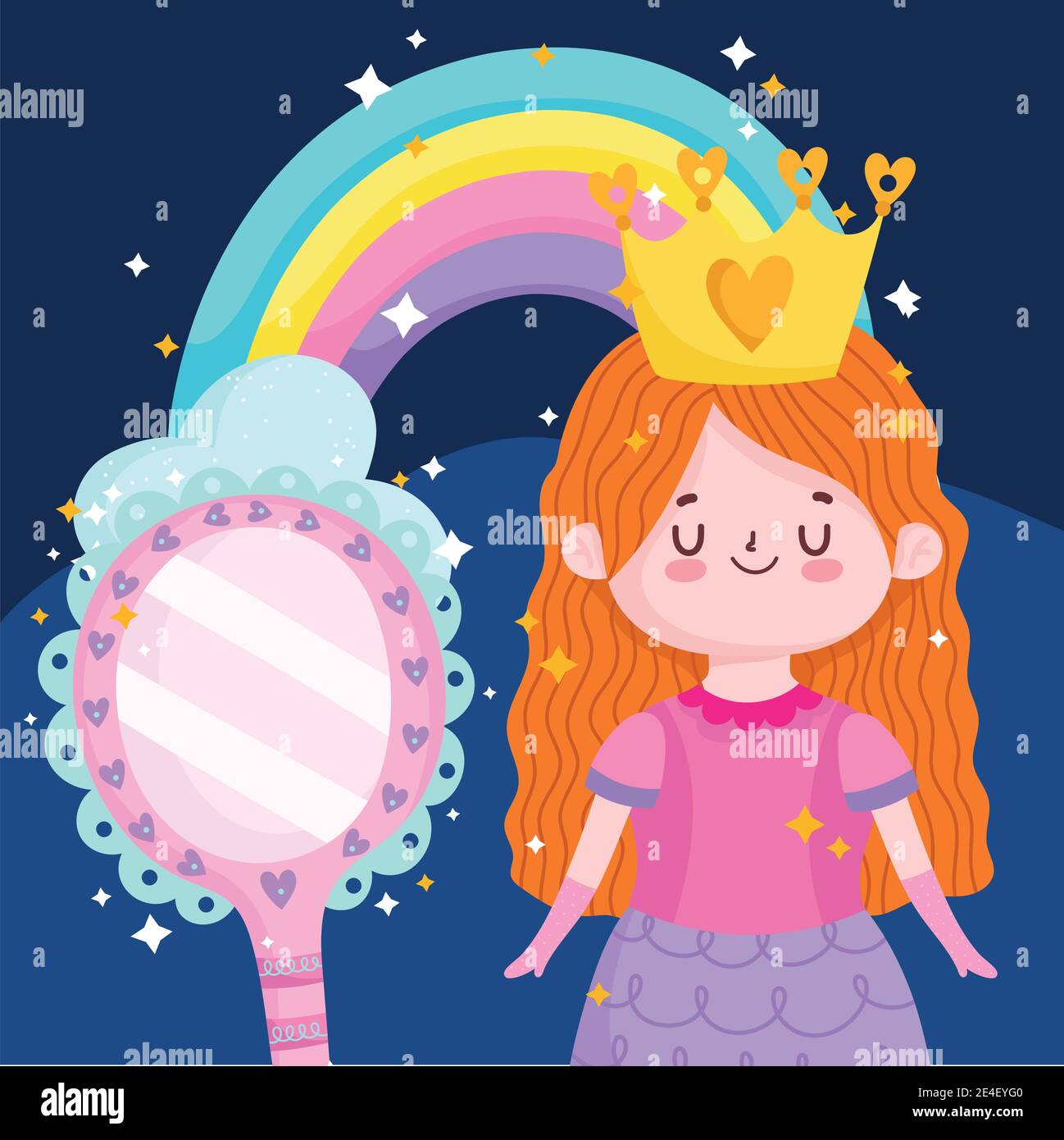 princess tale cartoon girl with crown rainbow and mirror magic vector ...
