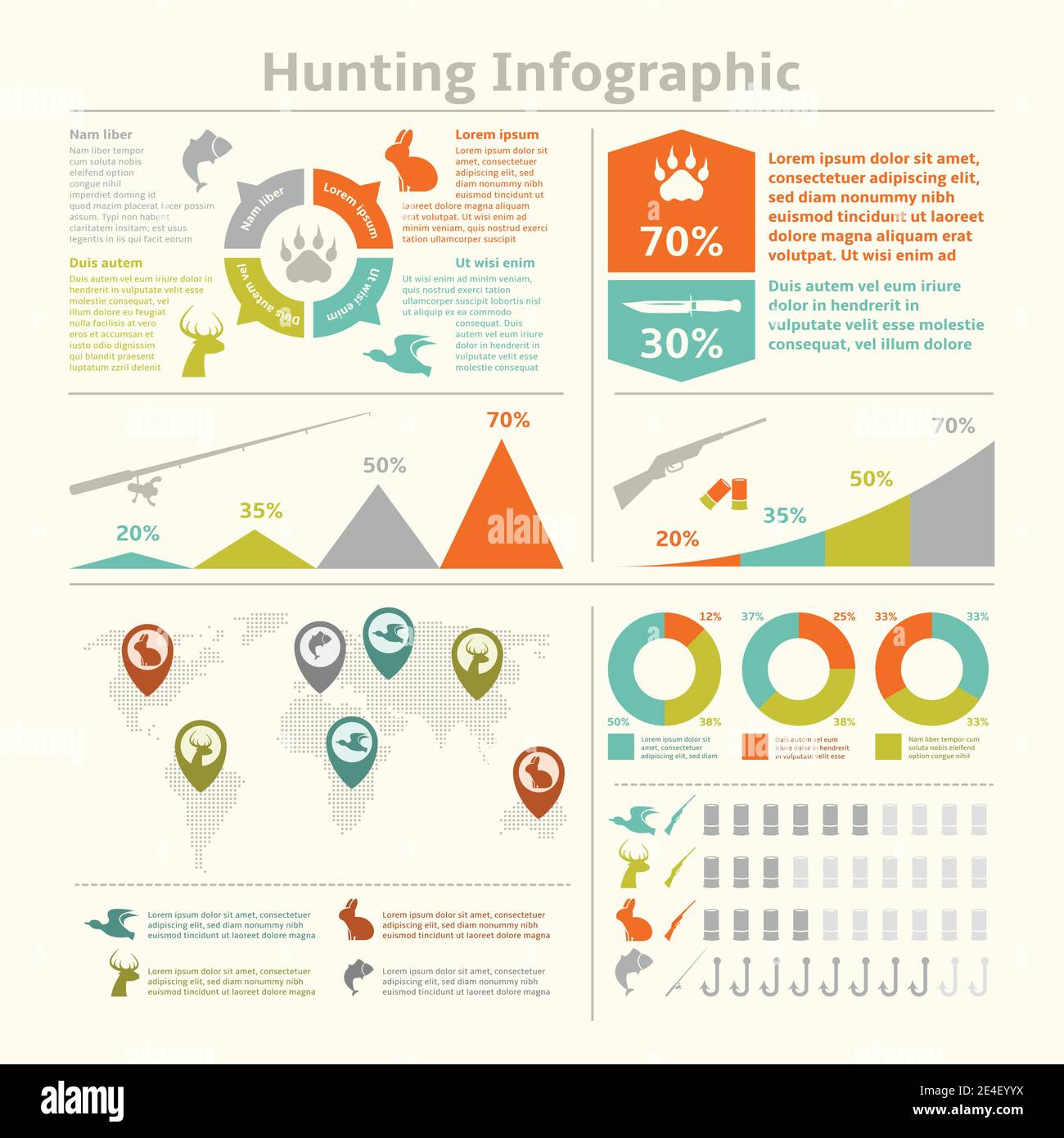 Hunting animals wildlife fishing infographics with diagrams charts for ...