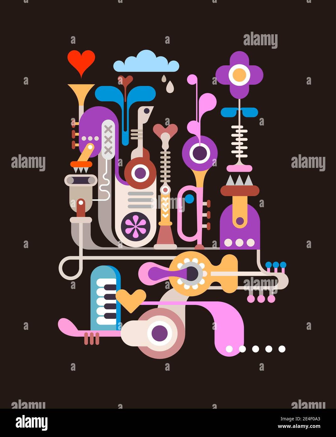 Multicolor abstract design with music instruments isolated on a black ...