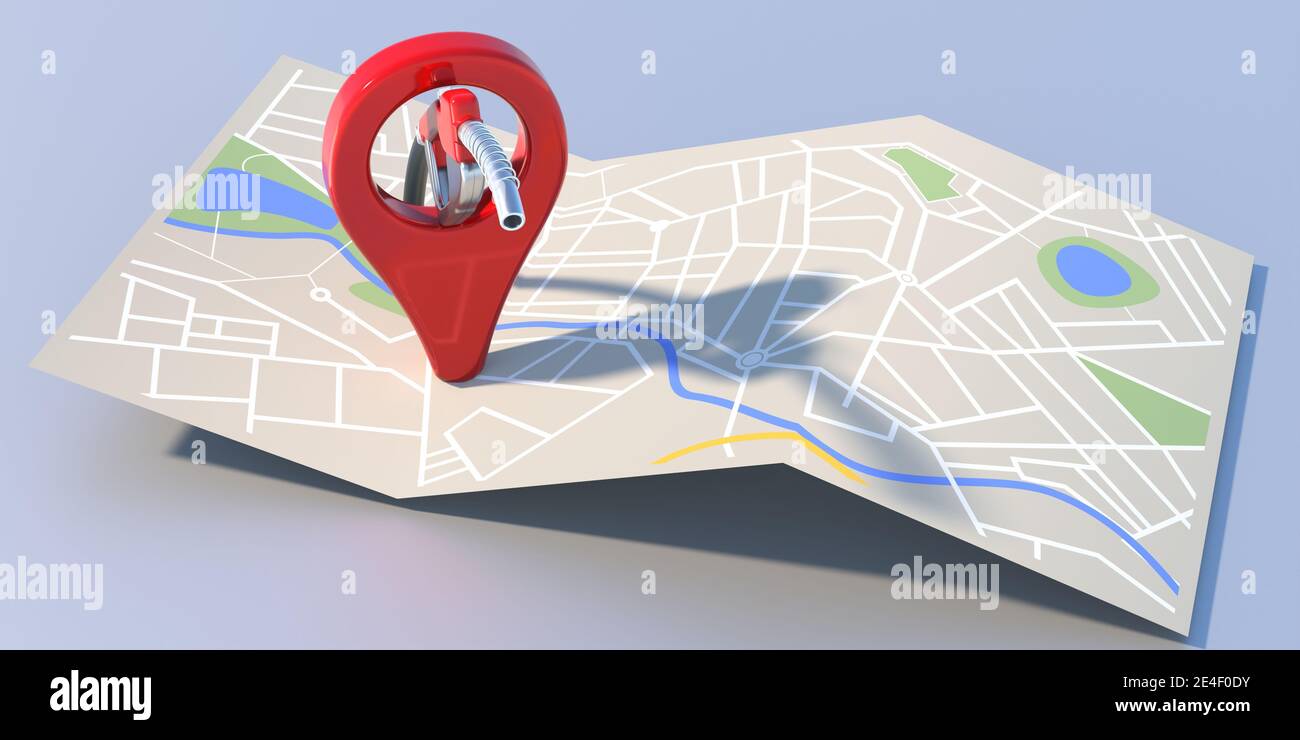 Fuel station refuel location. Red marker and gas nozzle on a city map ...