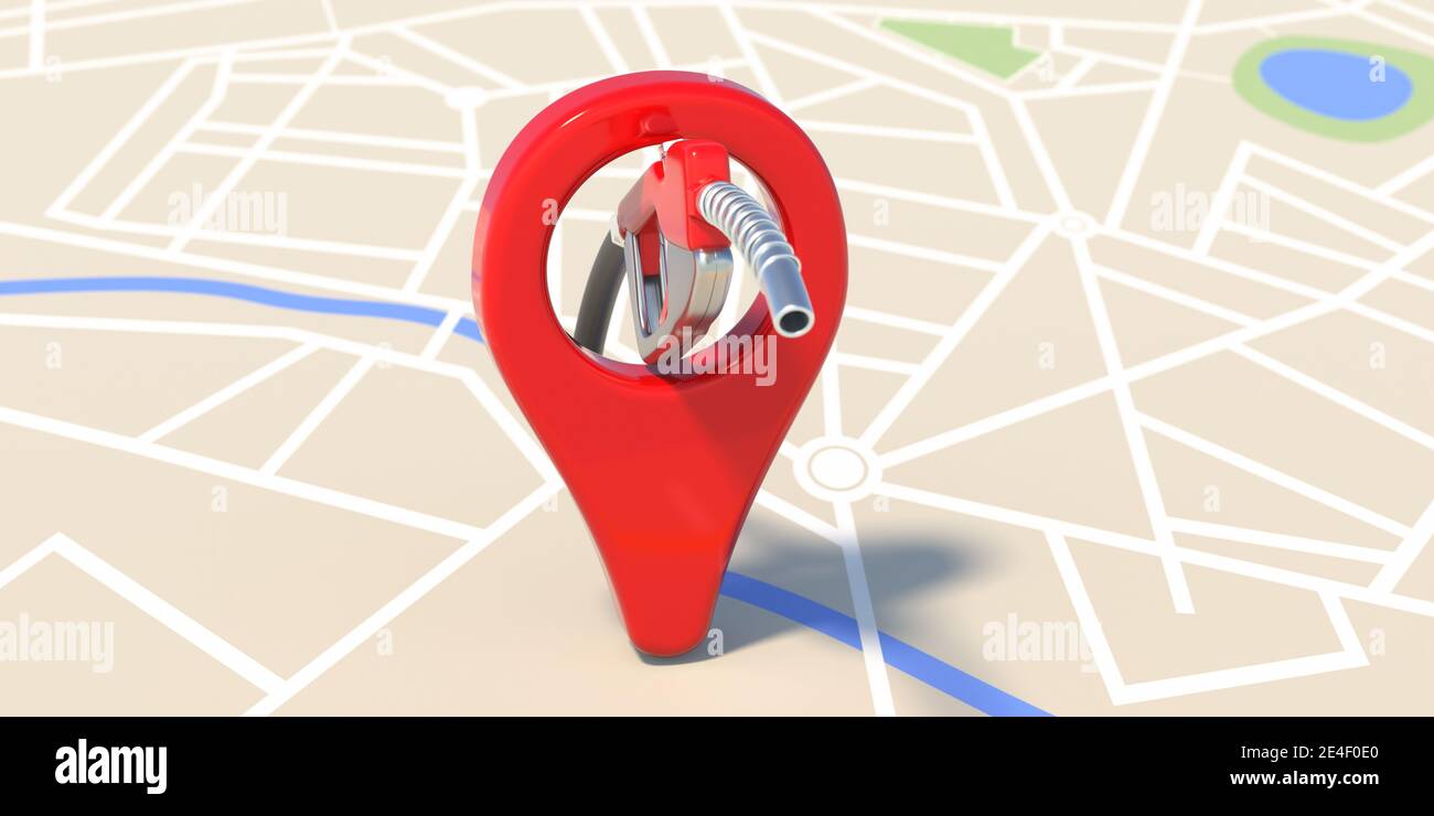 Fuel station refuel location. Gas nozzle and red pinpoint on city map ...