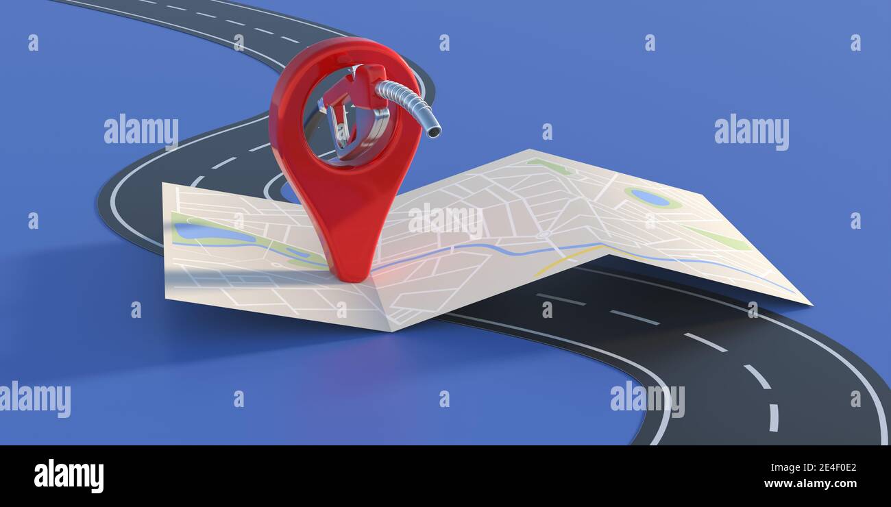 Fuel station refuel location for travel. Map marker and gas nozzle on a ...