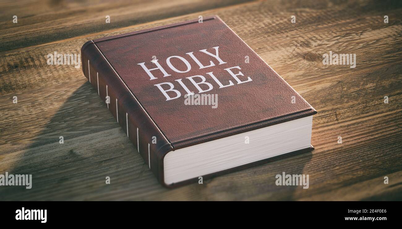 Holy Bible on wooden table background. Christians leather cover book ...