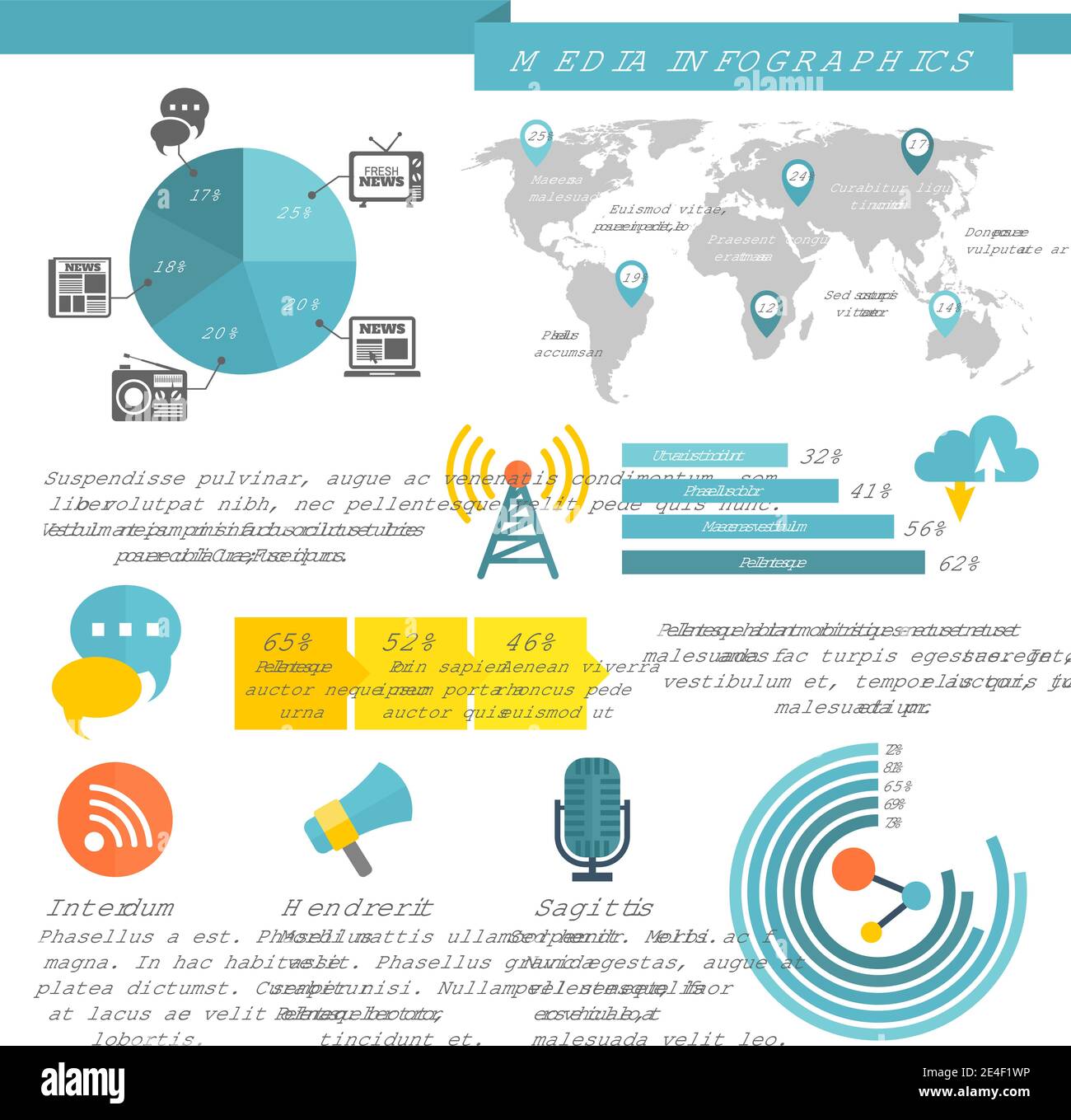 Broadcasting media social news infographics with flat color icons ...