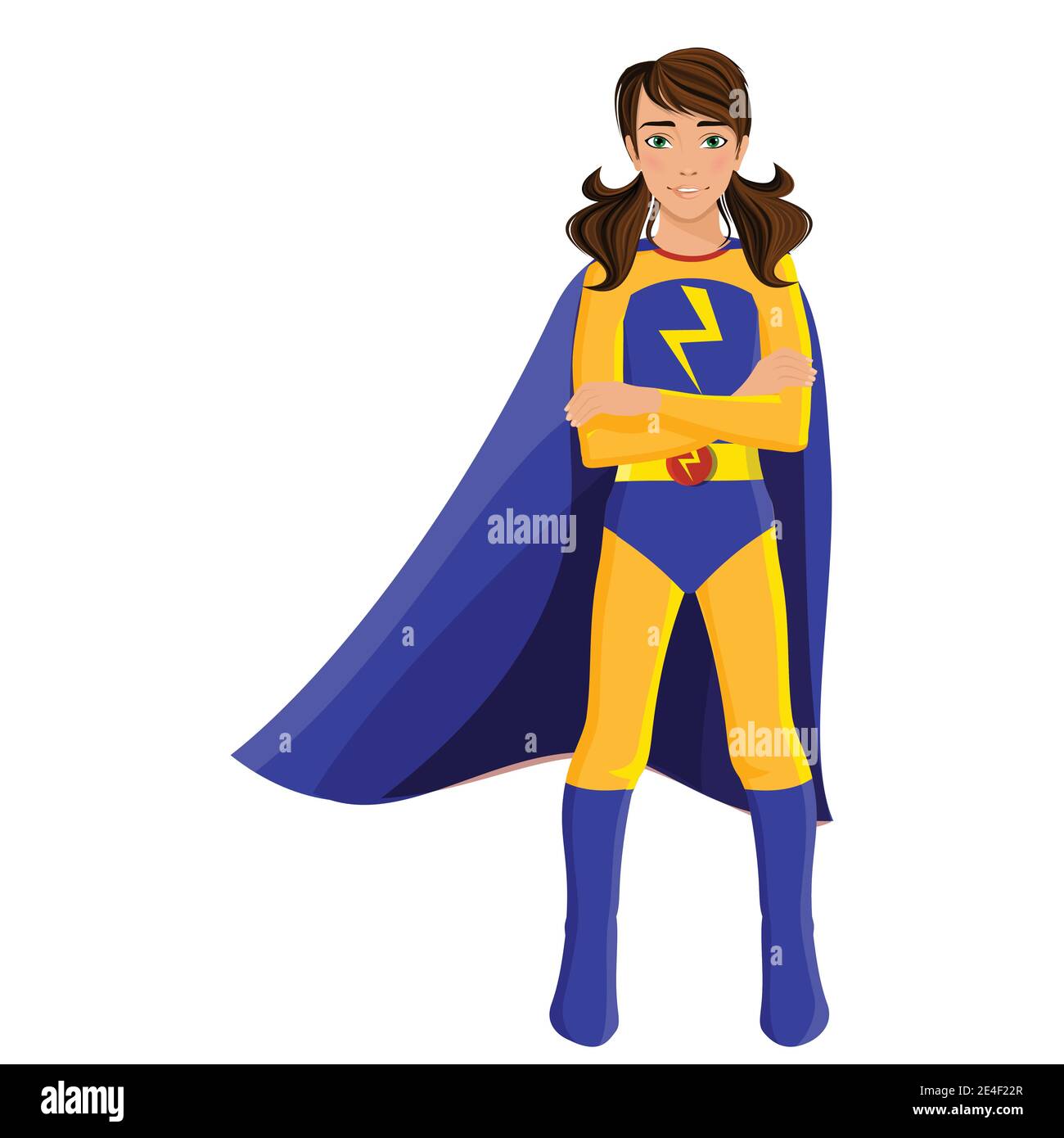 Girl kid in yellow superhero costume full length portrait isolated on ...