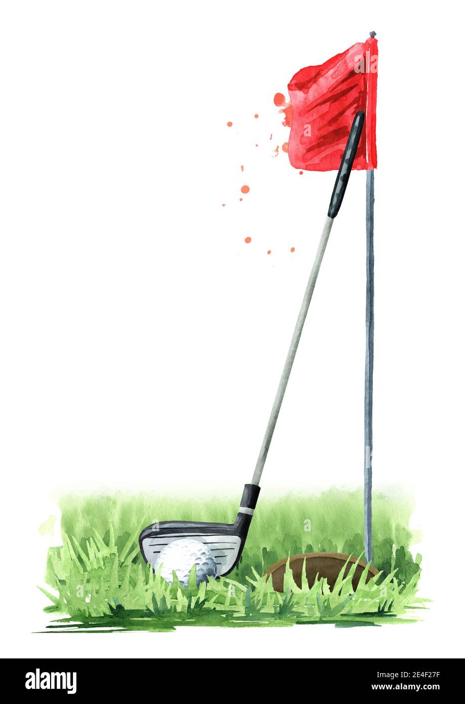 Golf tournament poster. Golf club, flag and ball in grass. Hand drawn ...