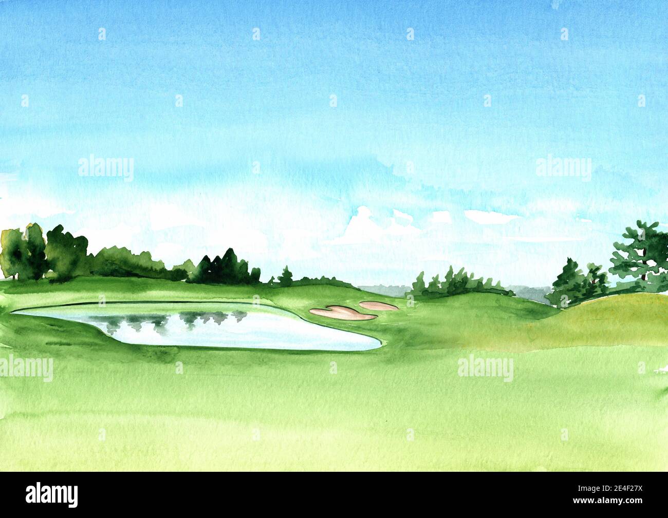 View of golf course with beautiful green field with a rich turf and ...