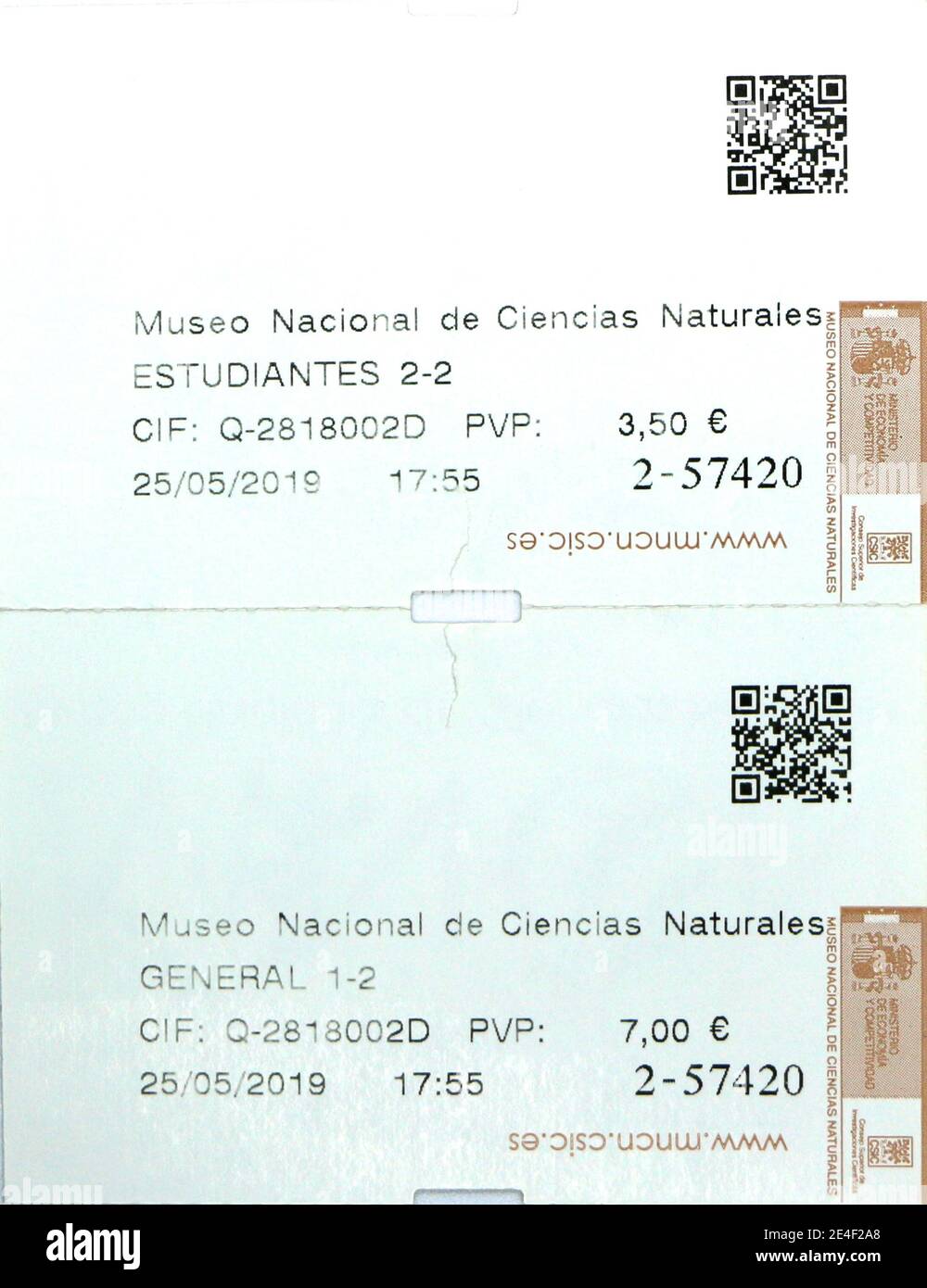 Entrance tickets for the National Science Museum in Madrid Spain Stock ...