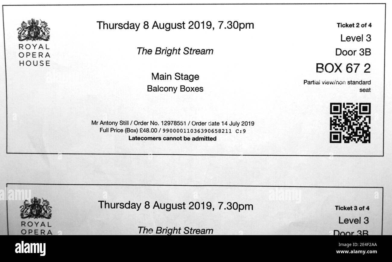 Printed entrance tickets for a performance of The Bright Stream ballet at the Royal Opera House ...