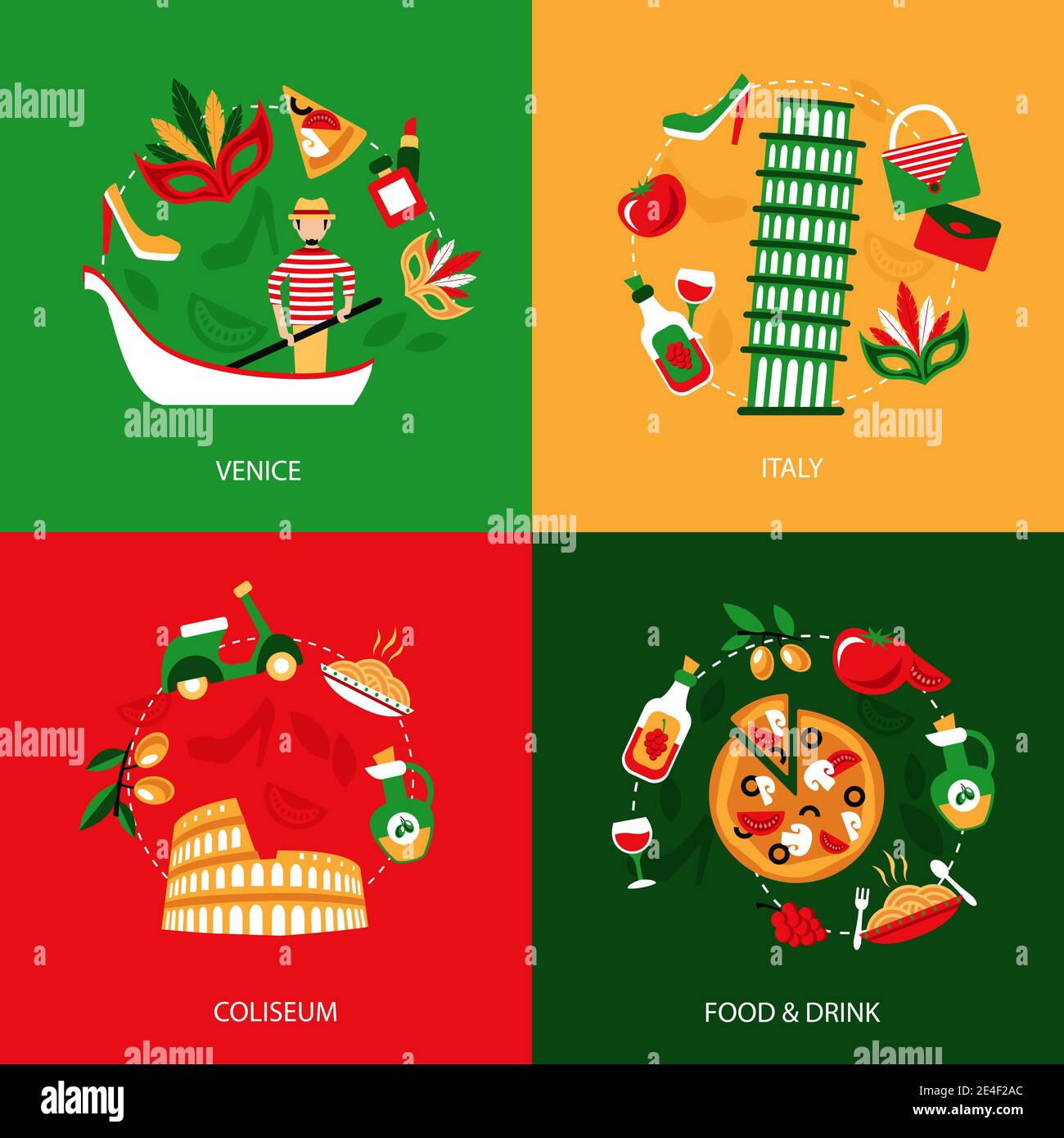 Italy venice coliseum food and drink decorative elements set isolated ...