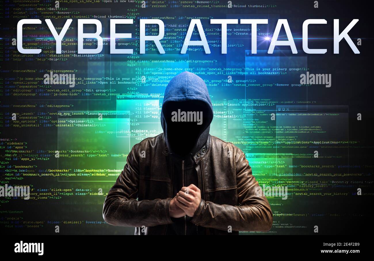 Faceless hacker with CYBER ATTACK inscription on a binary code ...