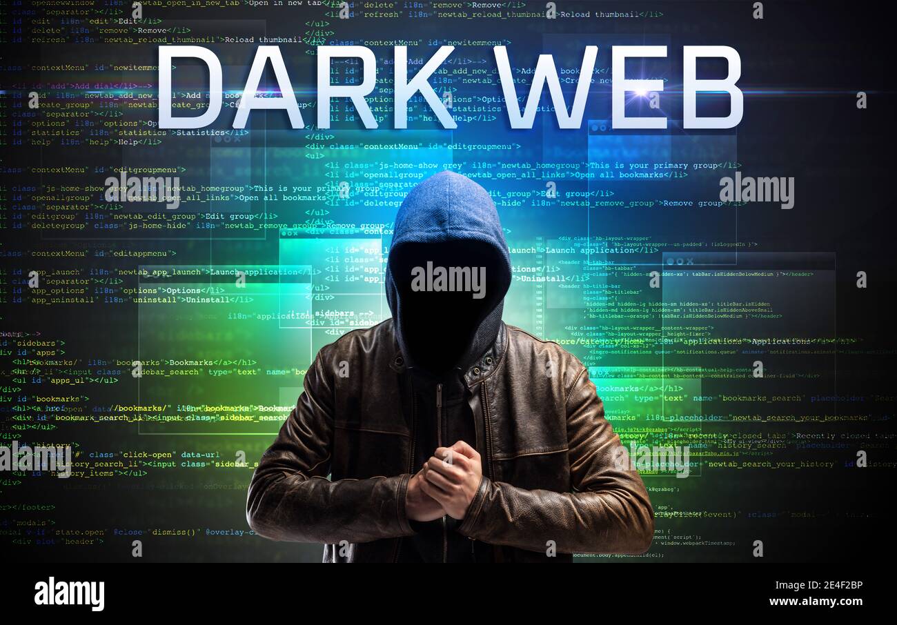Faceless hacker with DARK WEB inscription on a binary code background ...