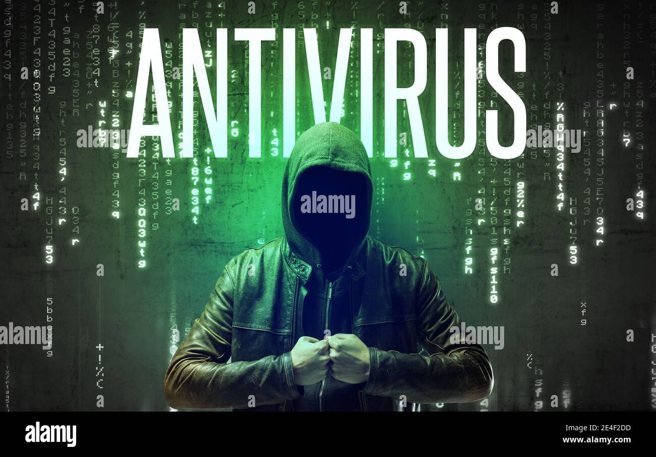 Faceless hacker with ANTIVIRUS inscription, hacking concept Stock Photo ...