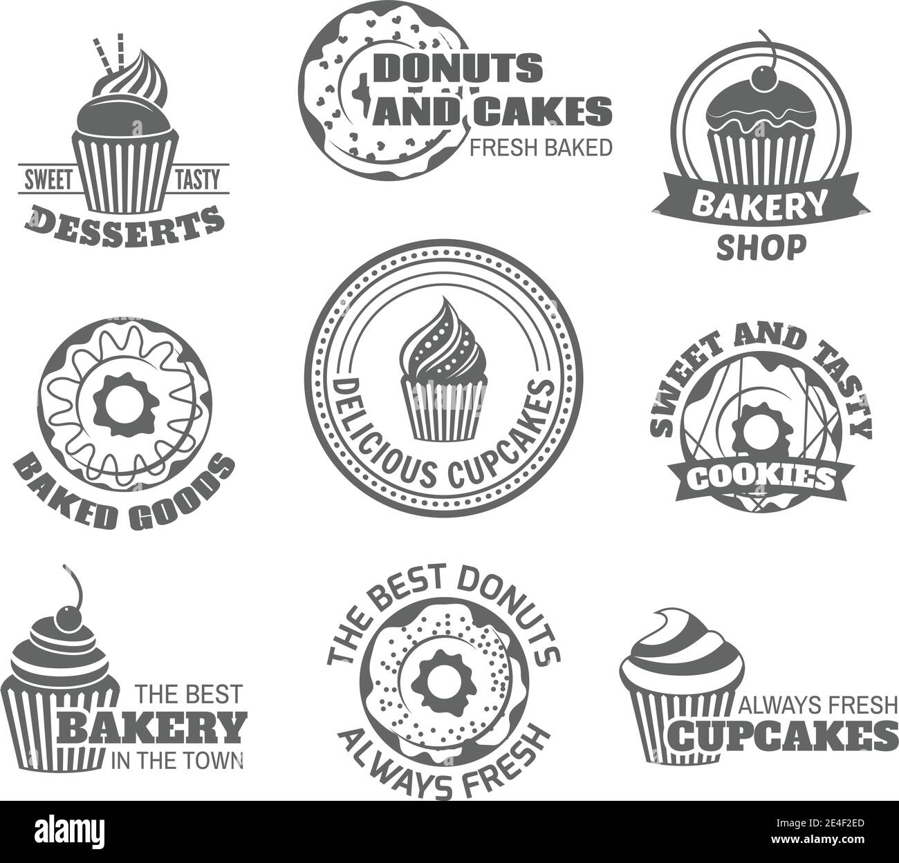 Food sweet tasty desserts donut and cupcake labels set isolated vector ...