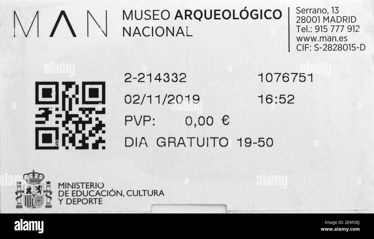 Entrance ticket for the National Archeological Museum Madrid Spain ...