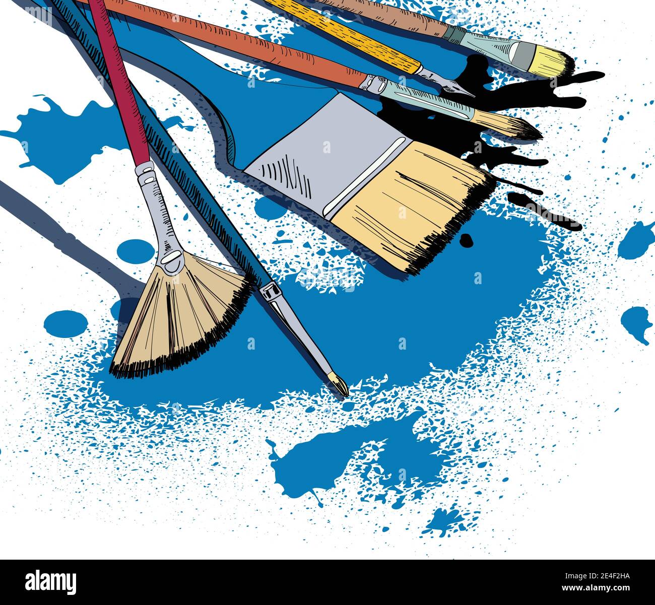 Decorative flat brushes paint smear strokes and dip pen ink blotches ...