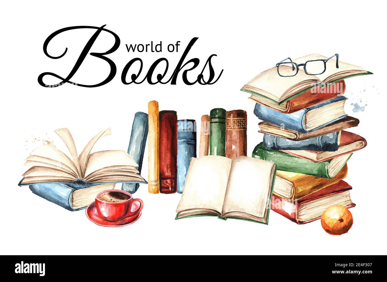 World of books card. Watercolor hand drawn illustration, isolated on ...