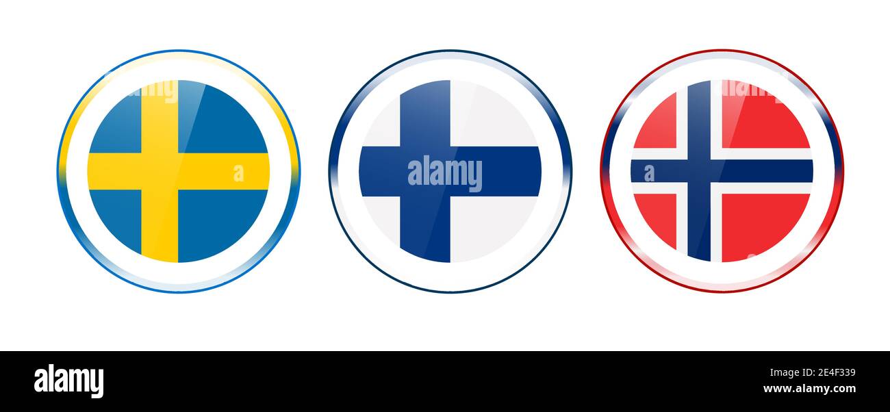 Icon of the flags of Scandinavia with circles. Sweden, Norway, and ...