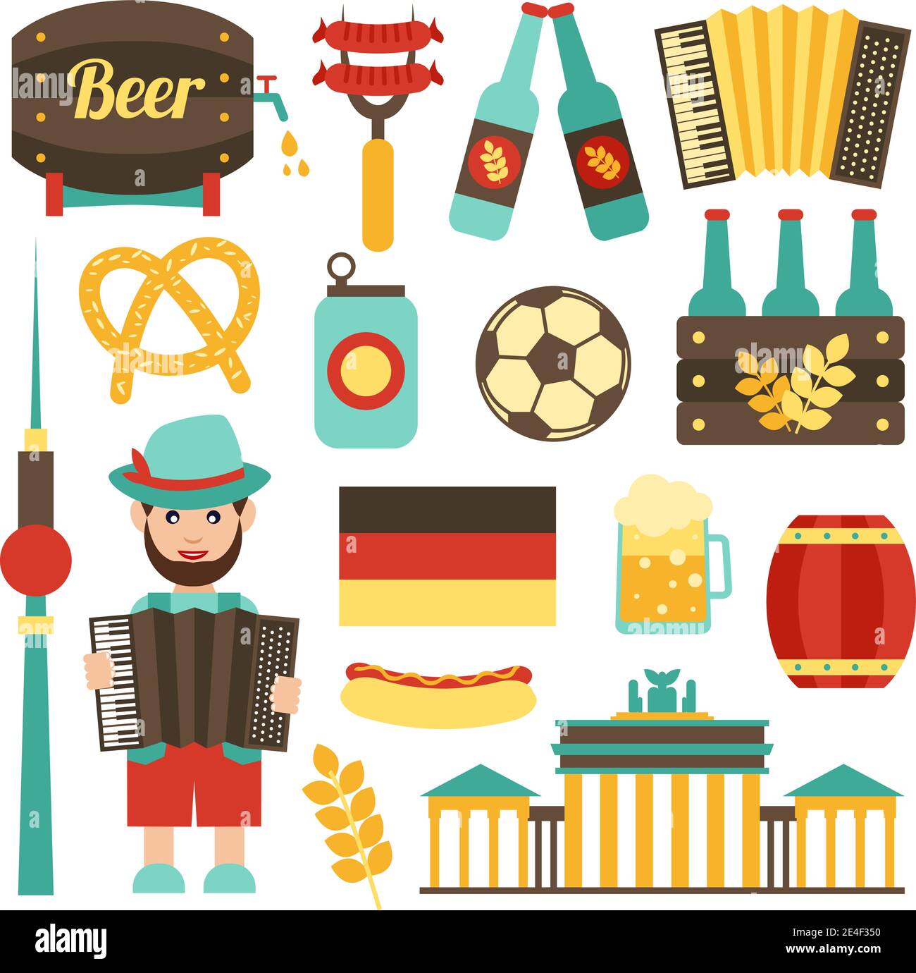 Germany travel tourist attractions food and beer icons set isolated ...