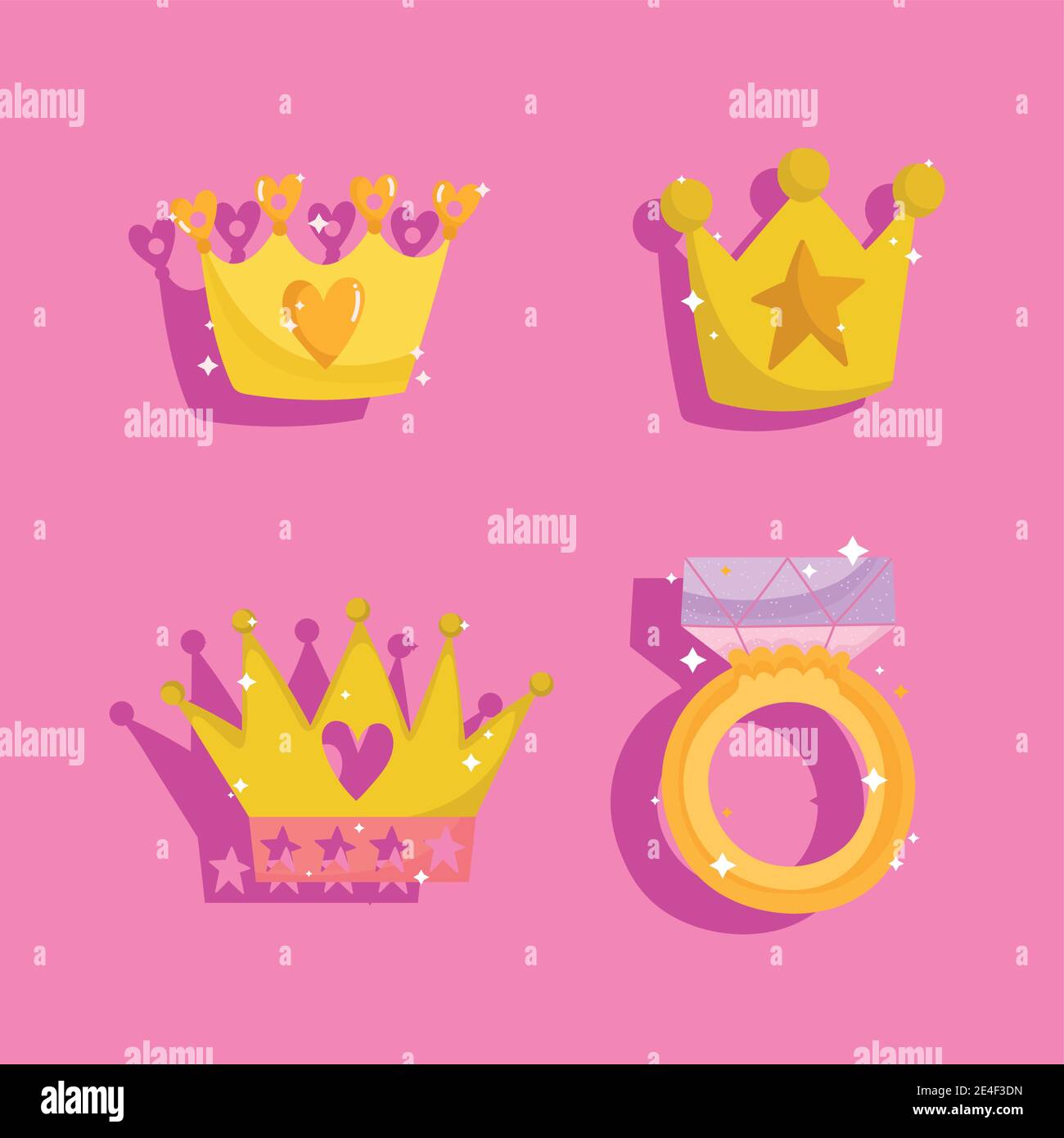 princess tale set icons crowns and ring with gem cartoon vector ...