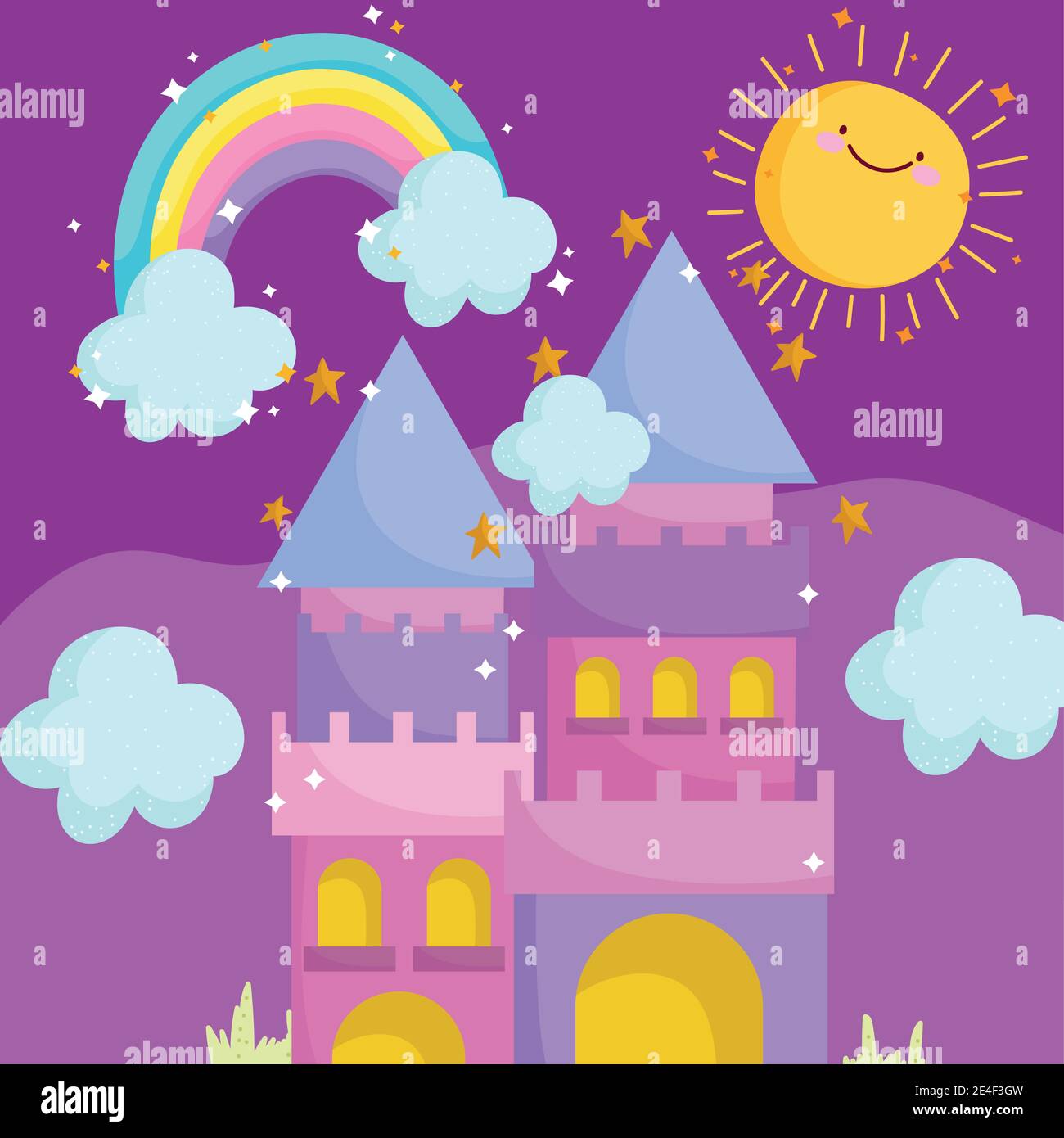 princess tale cartoon cute castle rainbow sun sky vector illustration ...