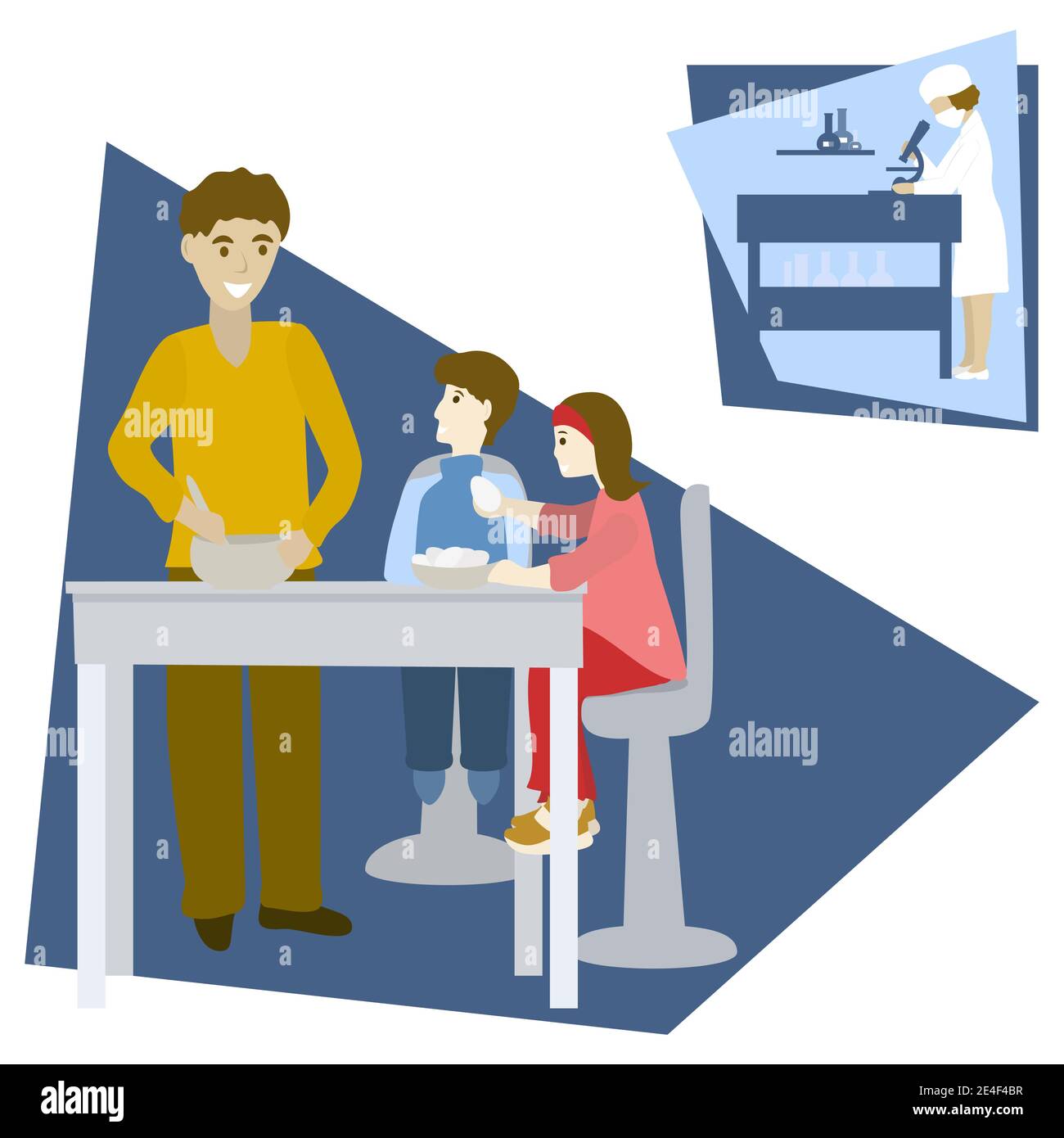 Stay-at-home father cooking with children. Mom at work. Diverse ...