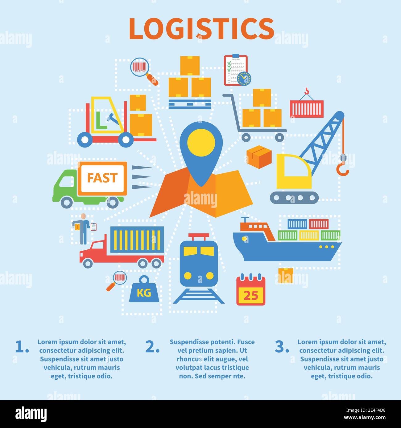 Logistic infographic flat icons set with map pin vector illustration ...