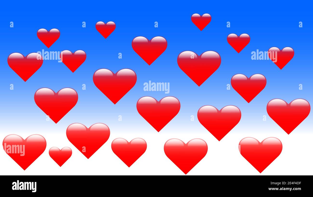 Red hearts rising into the blue sky. background design with love theme ...