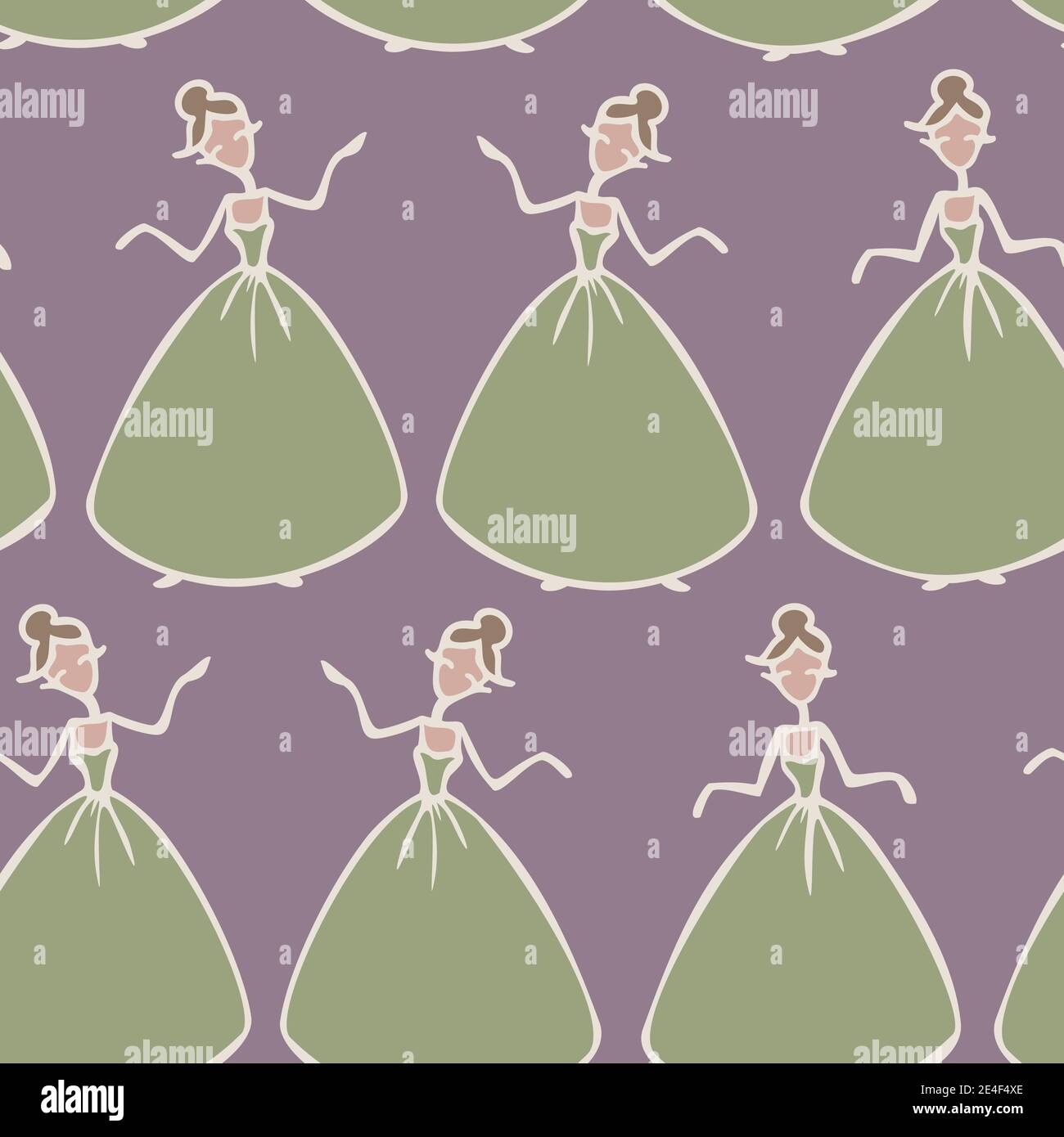 Vector seamless pattern with ladies cartoon characters. Lady in green ...