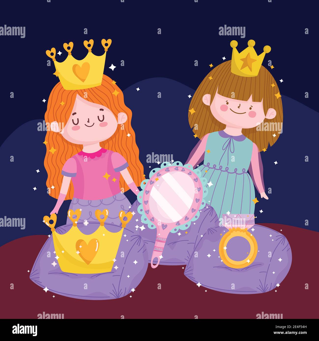 princesses with crown mirror ring magic tale cartoon vector ...