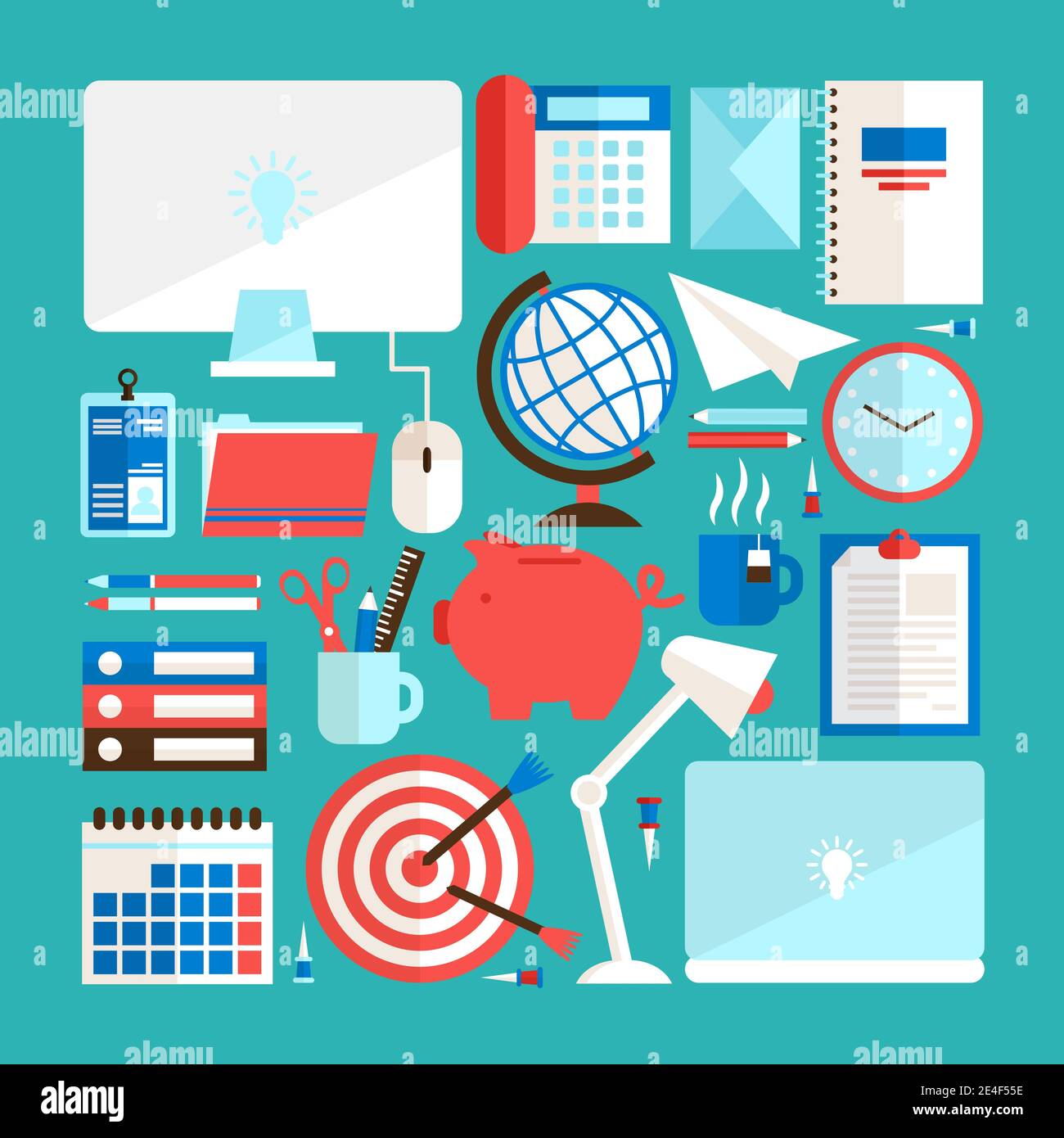 Office desk icons set of computer tea cup and stationery isolated ...