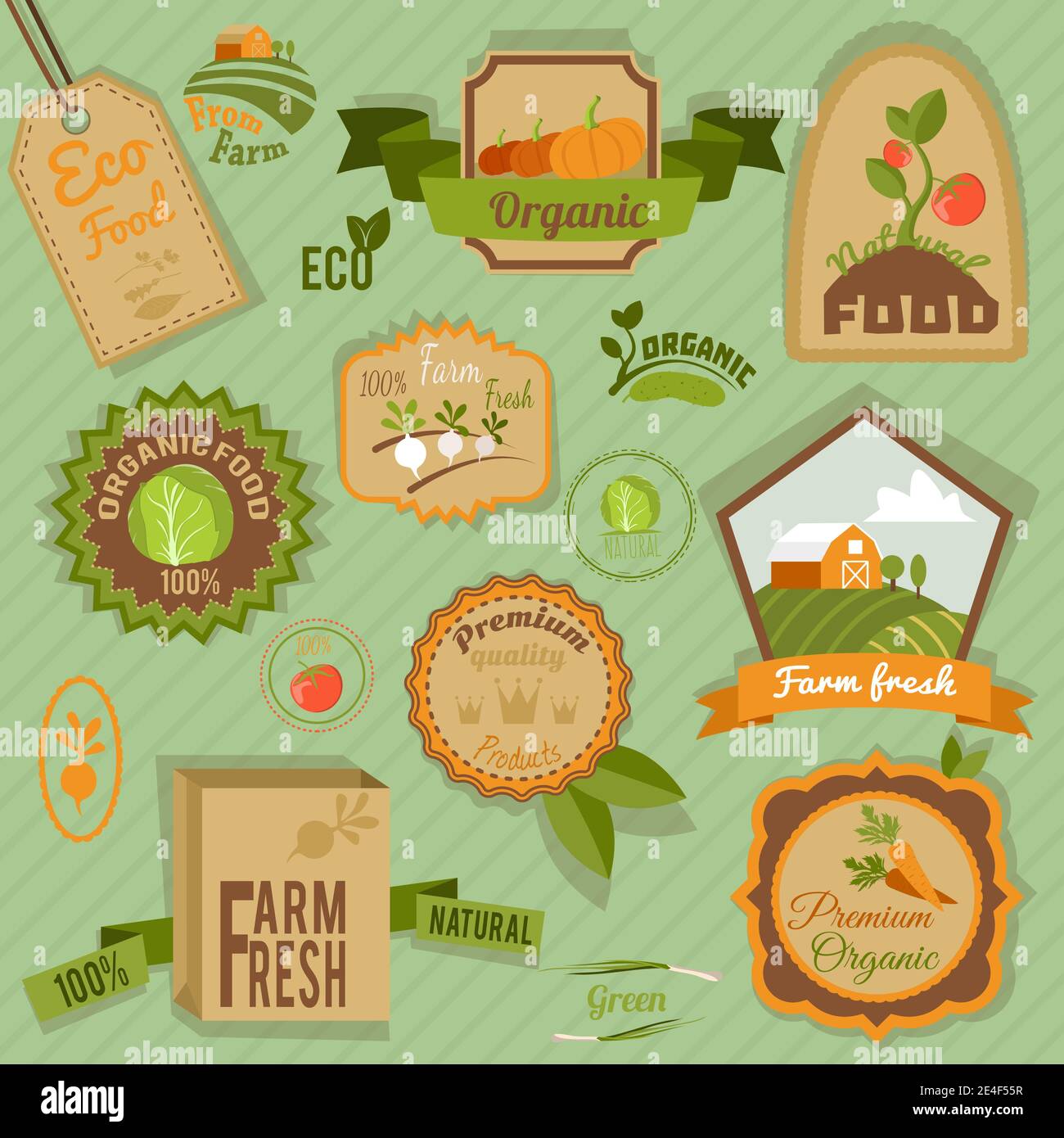 Eco farm fresh organic food vegetables labels and emblems set isolated ...