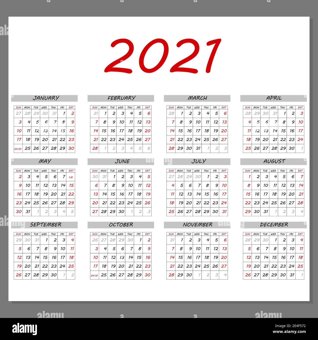 2021 calendar planner. Corporate week. Template layout, 12 months ...