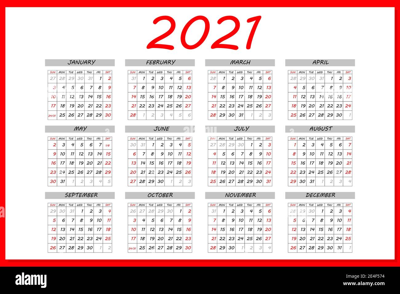 2021 calendar planner. Corporate week. Template layout, 12 months ...