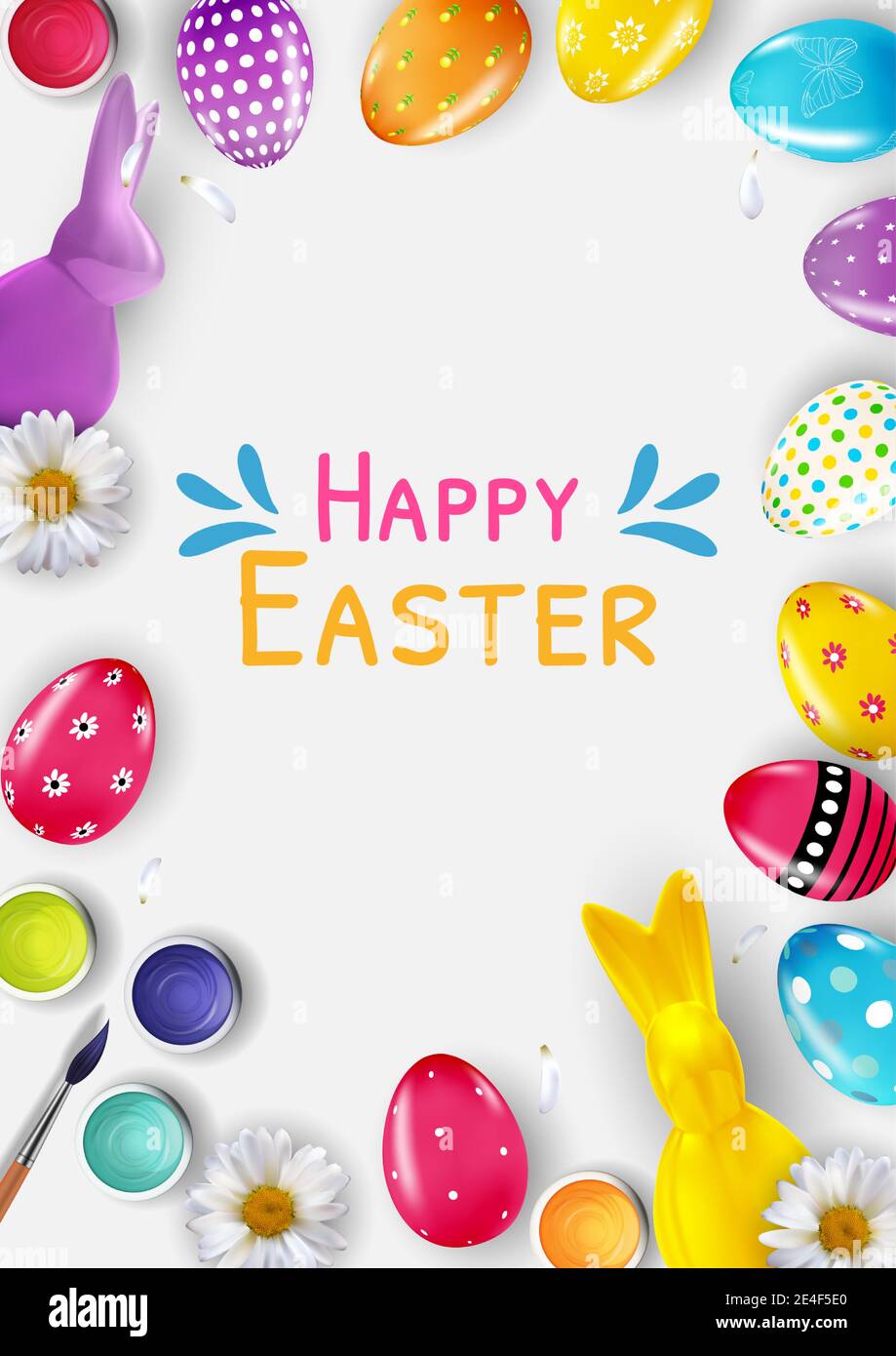 Easter sale poster template with 3d realistic Easter eggs and paint ...