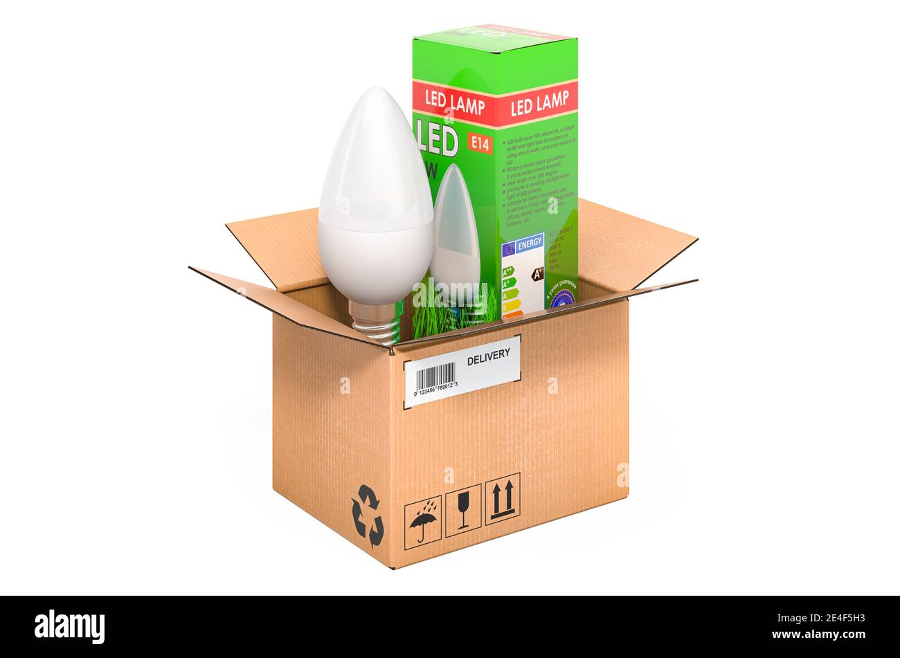 LED lamp inside cardboard box, delivery concept. 3D rendering isolated ...